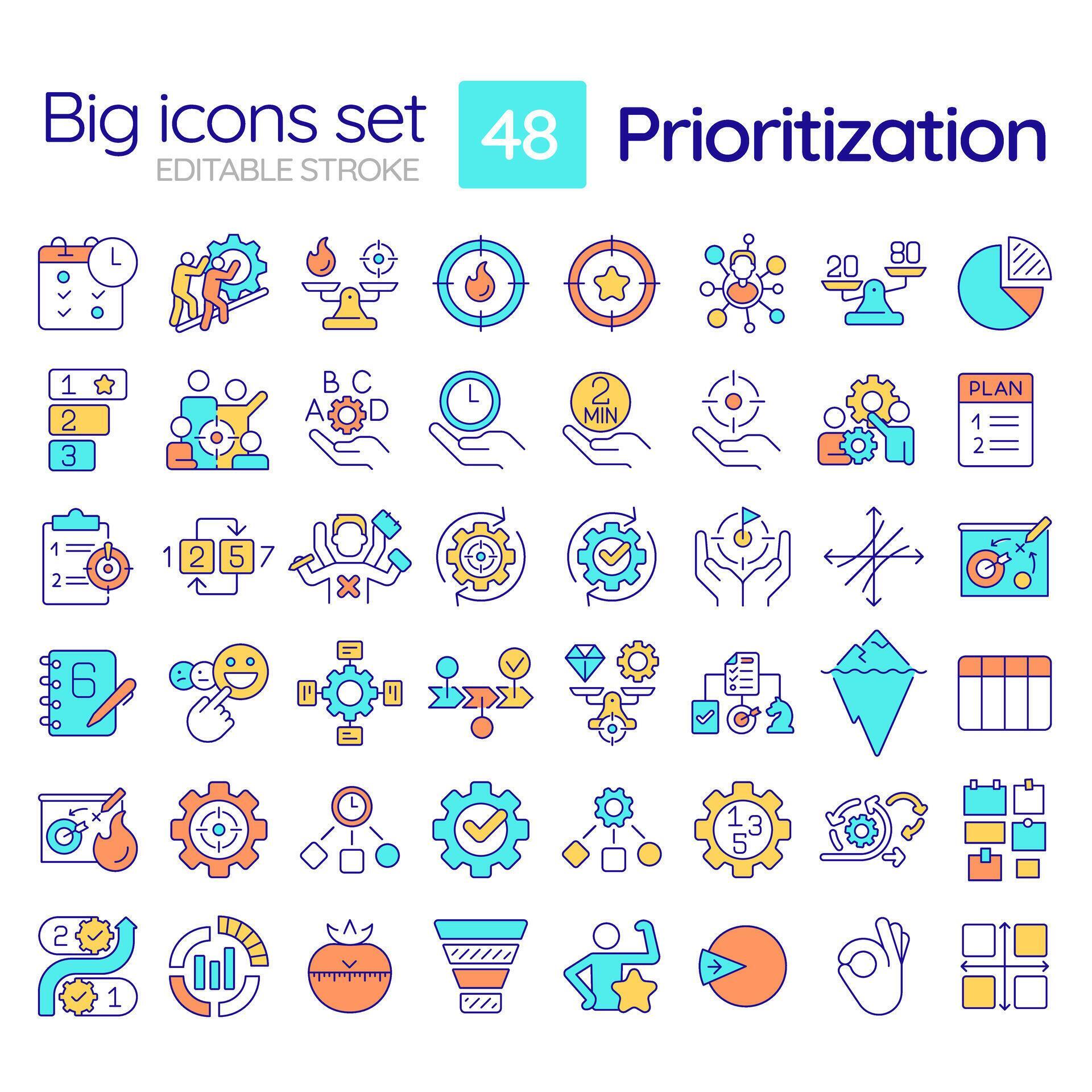 Prioritization RGB color icons set. Time management. Task organization. Pareto principle ...