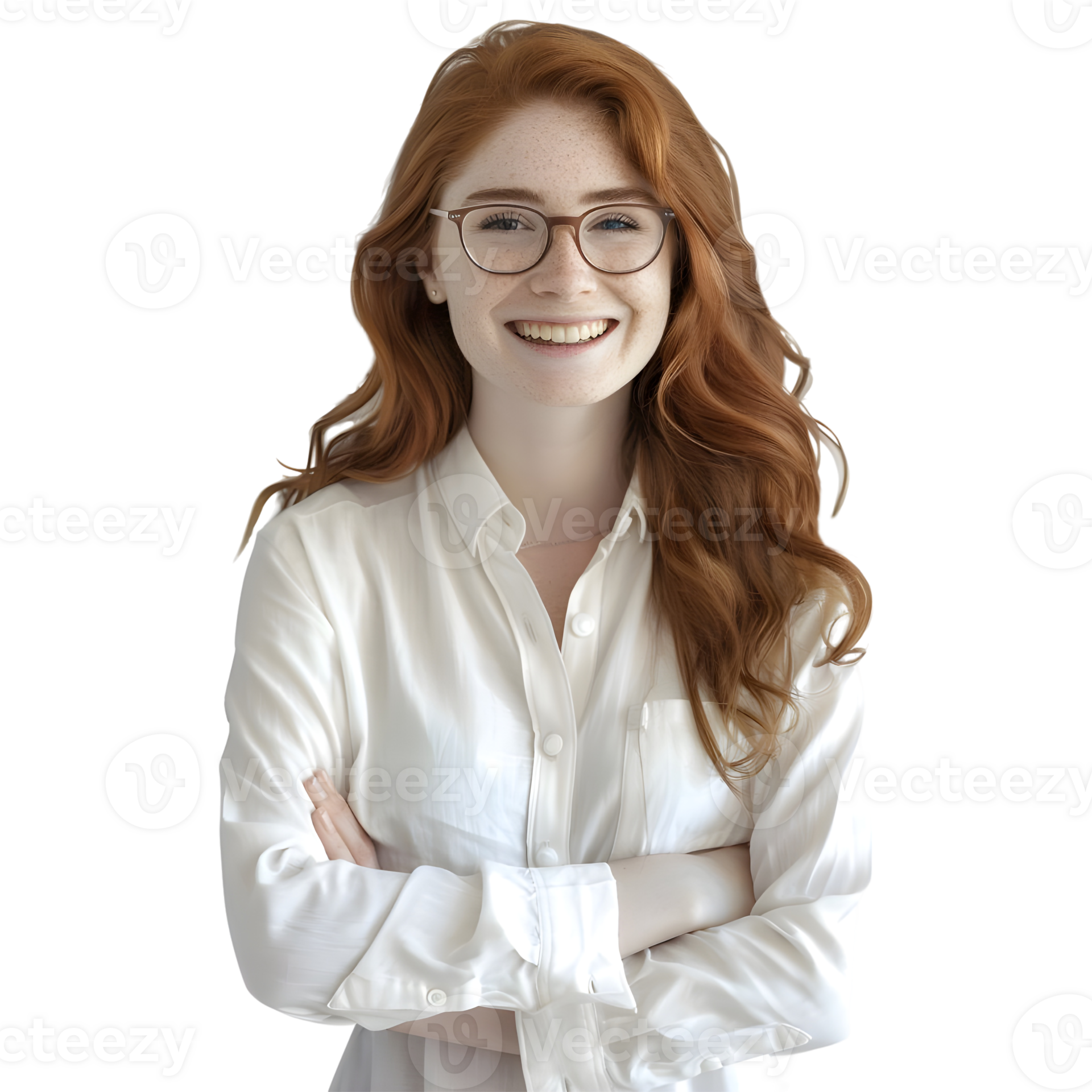 AI generated Young Businesswoman Standing With Crossed Arms and Smiling on Transparent ...