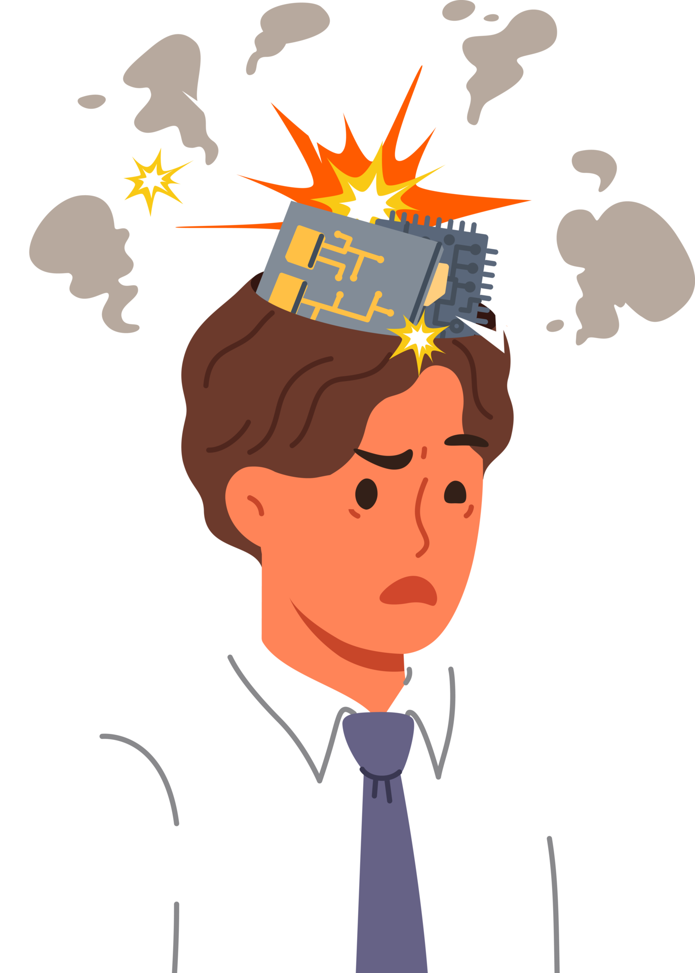 Man robot with exploding computer boards in head due to overload with ...