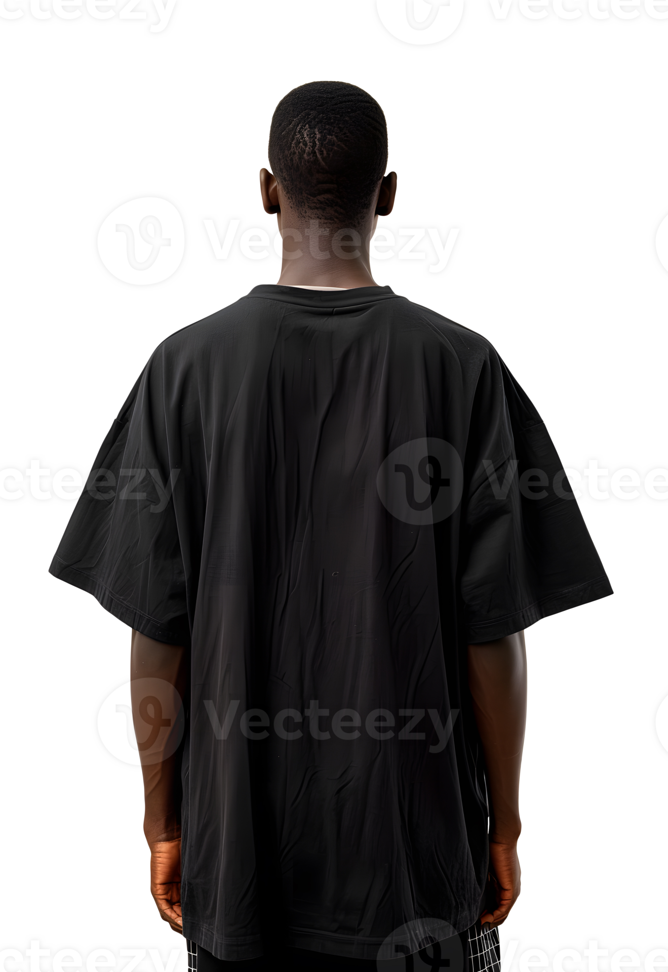 AI generated Rear view of black man wearing black tshirt on white ...