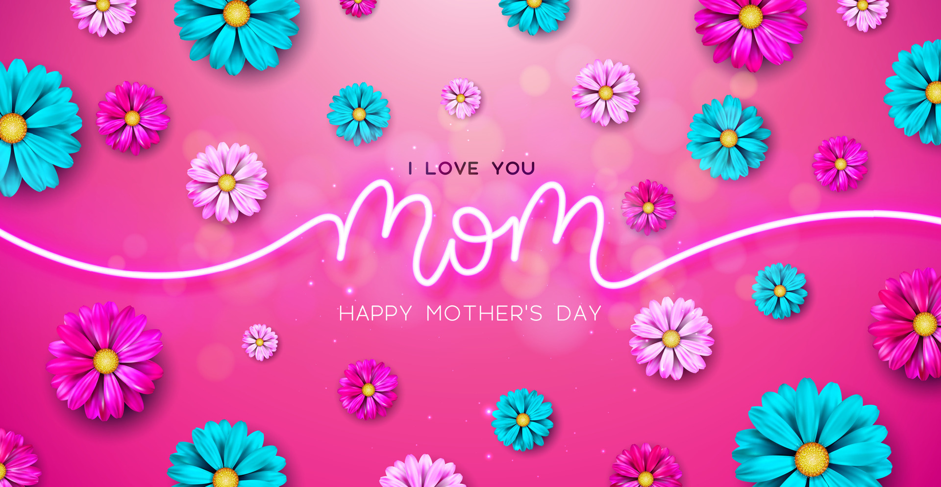 Happy Mother's Day Illustration with Spring Flower and I Love You Mom Glowing Neon Light ...