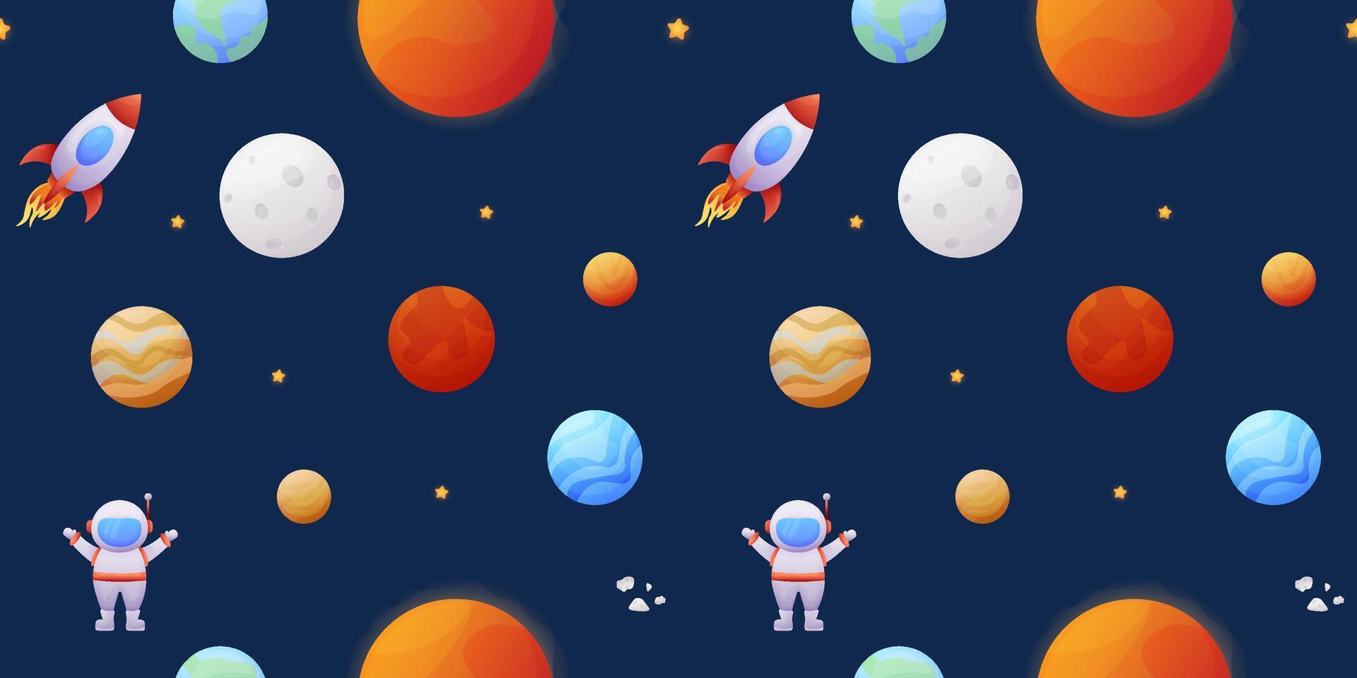 Seamless Pattern With Cartoon Space Rockets Planets Stars Astronaut