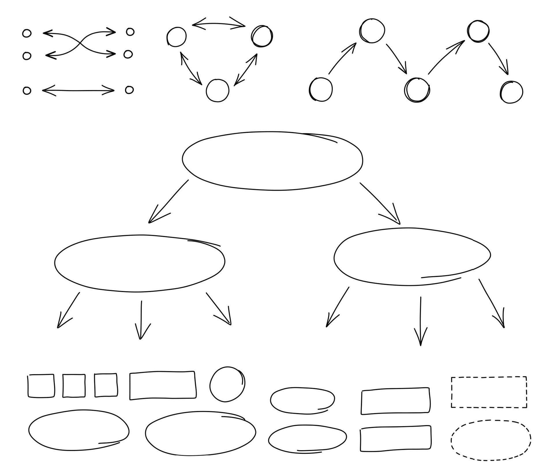 Hand drawn flowchart and graphic elements, arrows, boxes. Vector black ...