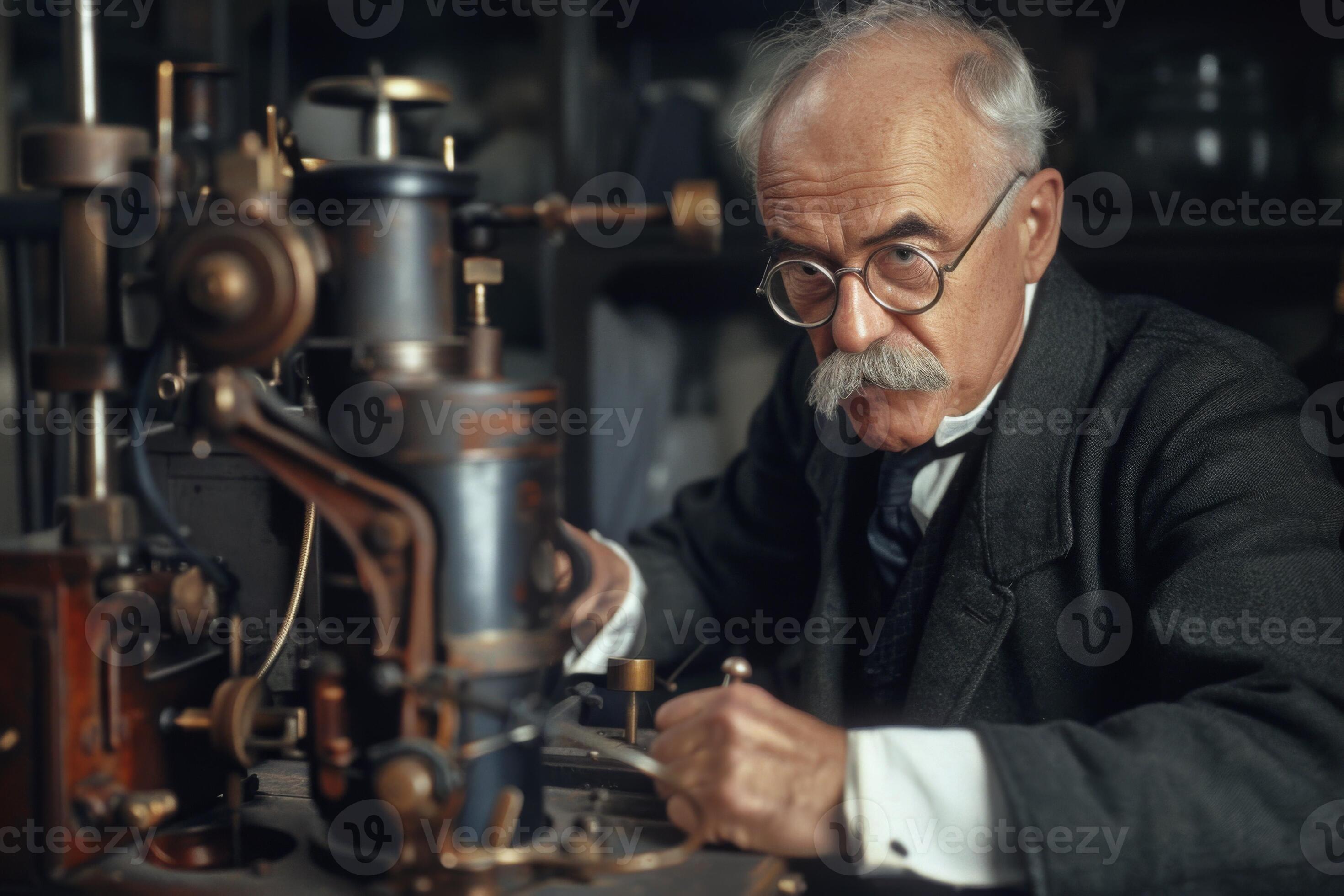 AI generated Senior inventor works with machinery in a vintage ...