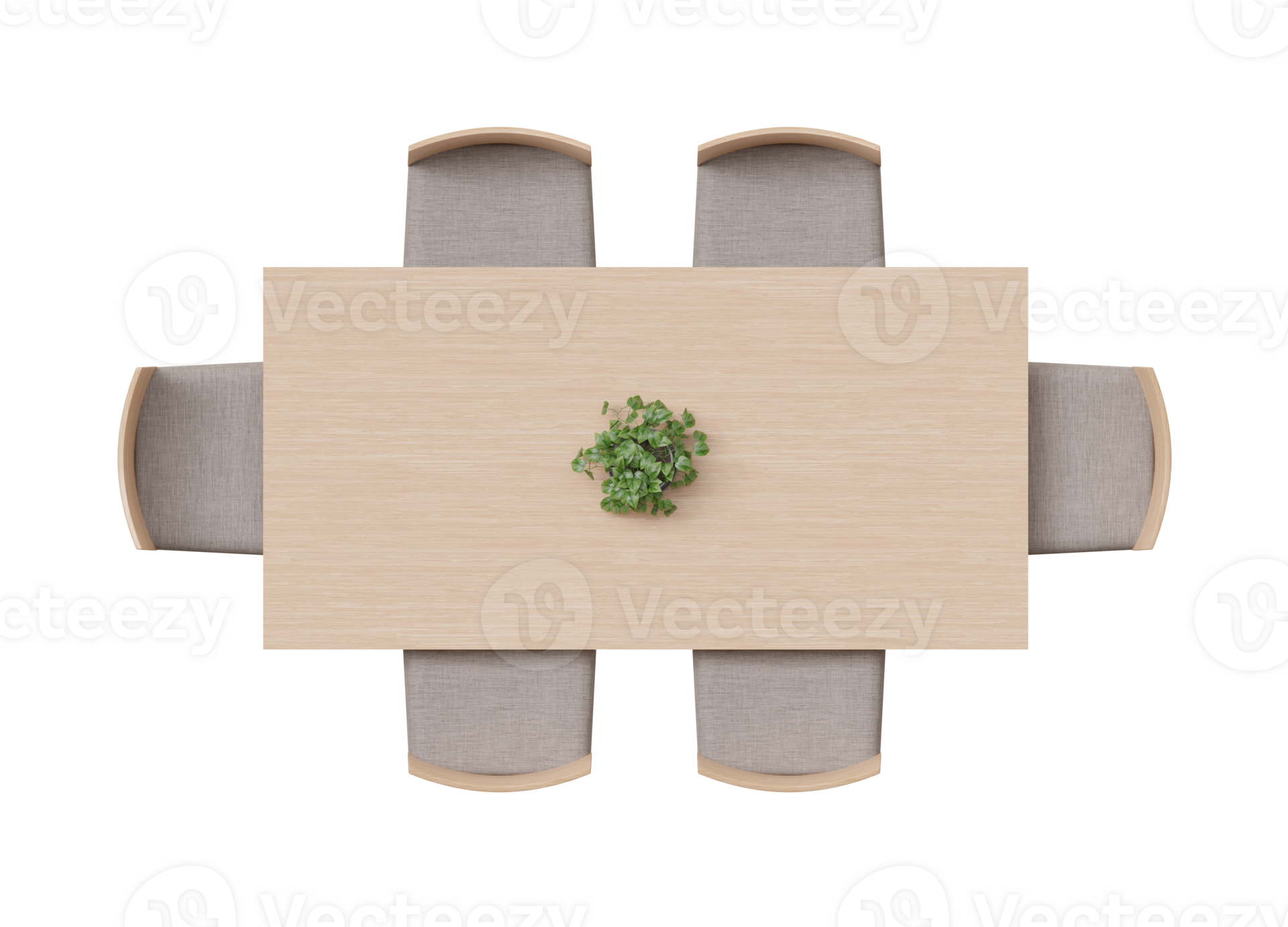 Overhead view of dining set with a wooden table, chairs and decorative plant. Rectangular table ...