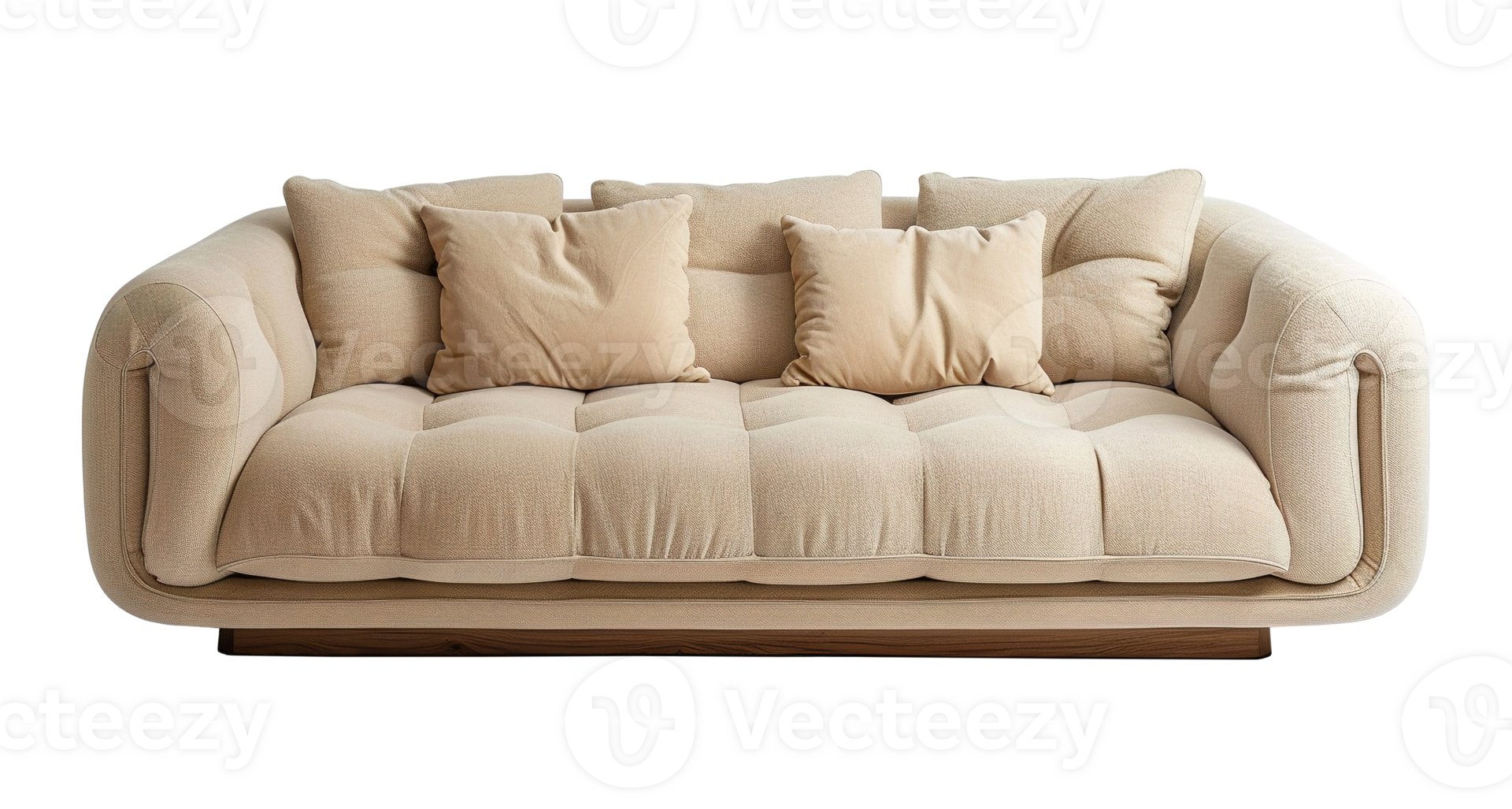 AI generated Front view of cozy, beige sofa with plush cushions, on transparent background. Cut ...
