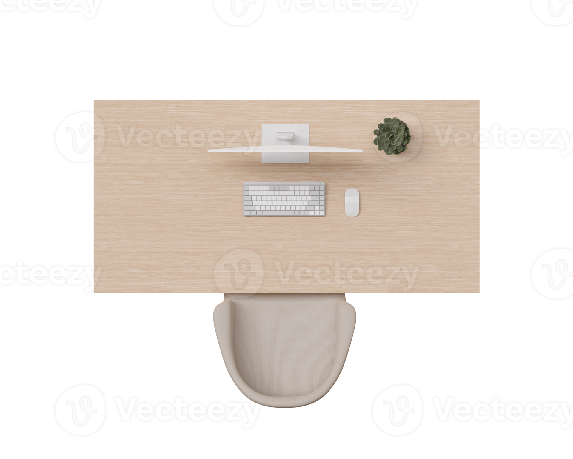 Overhead view of wooden desk and beige chair. Work table on transparent background, PNG. Cut out ...