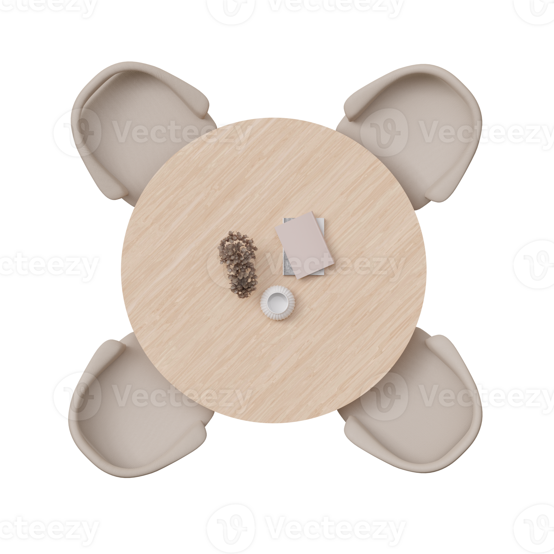 Overhead view of dining set with a wooden table and beige chairs. Round table on transparent ...