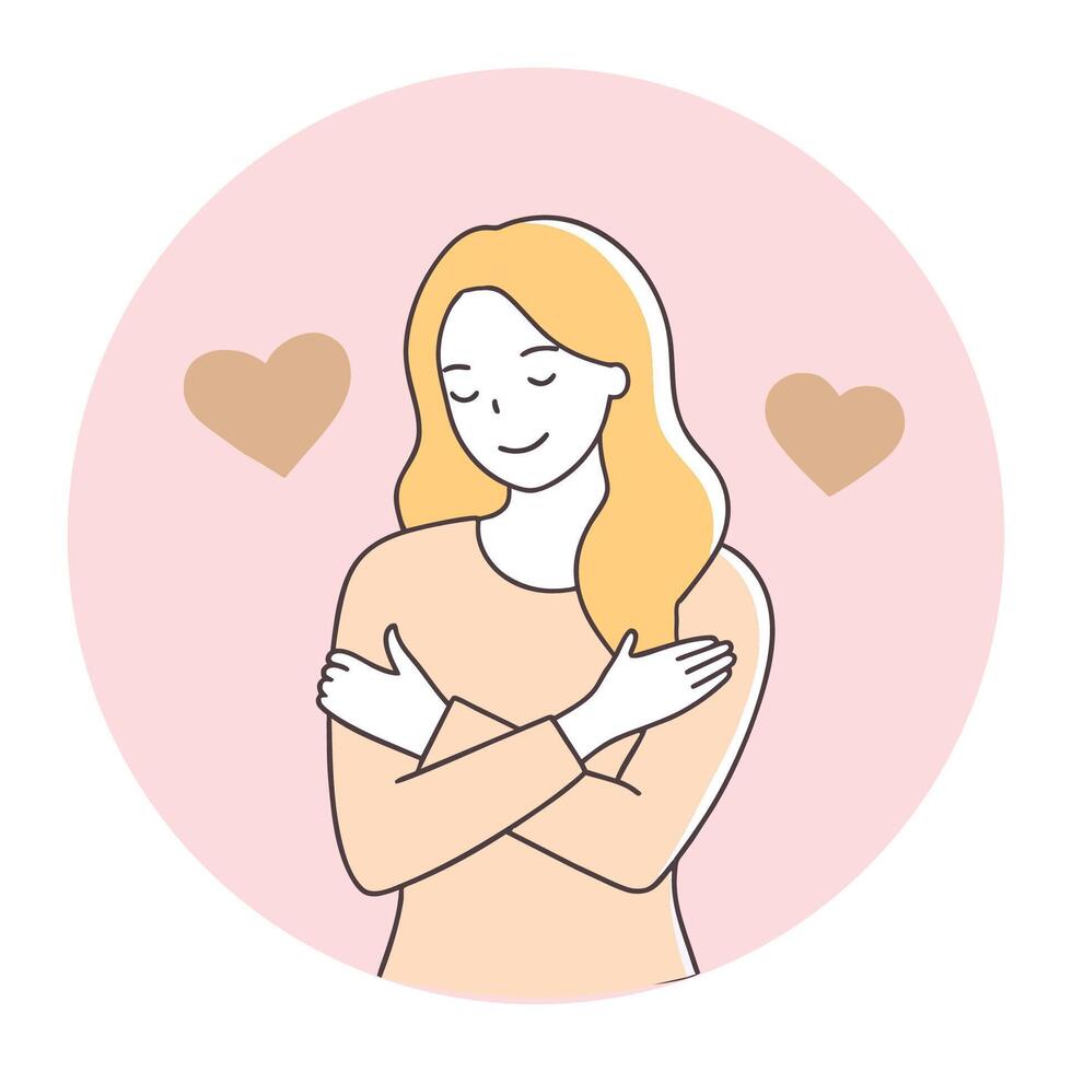 A Smiling Woman Hugs Herself To Show Self Love Happy Girl Hugs Herself