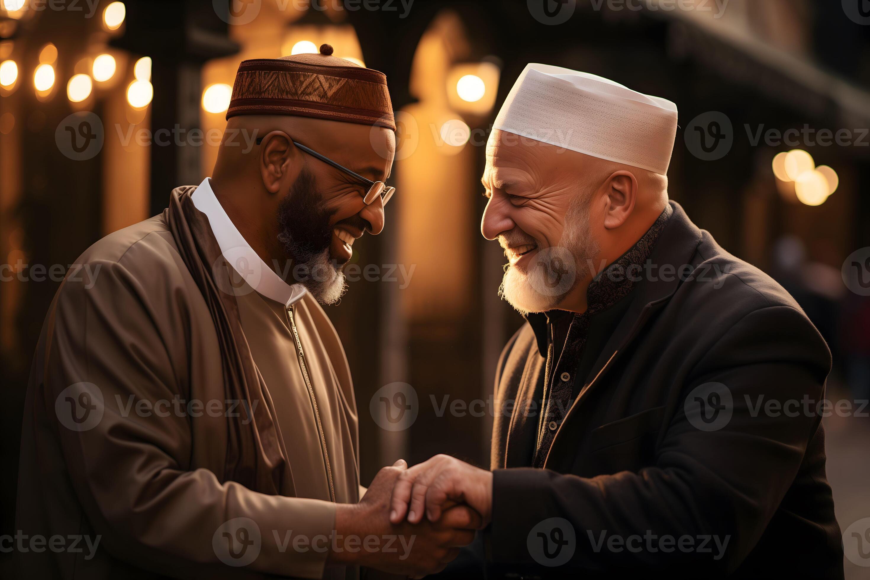 AI generated Elderly Muslims shaking hands with smiles on their faces ... AI generated Elderly Muslims shaking hands with smiles on their faces ...