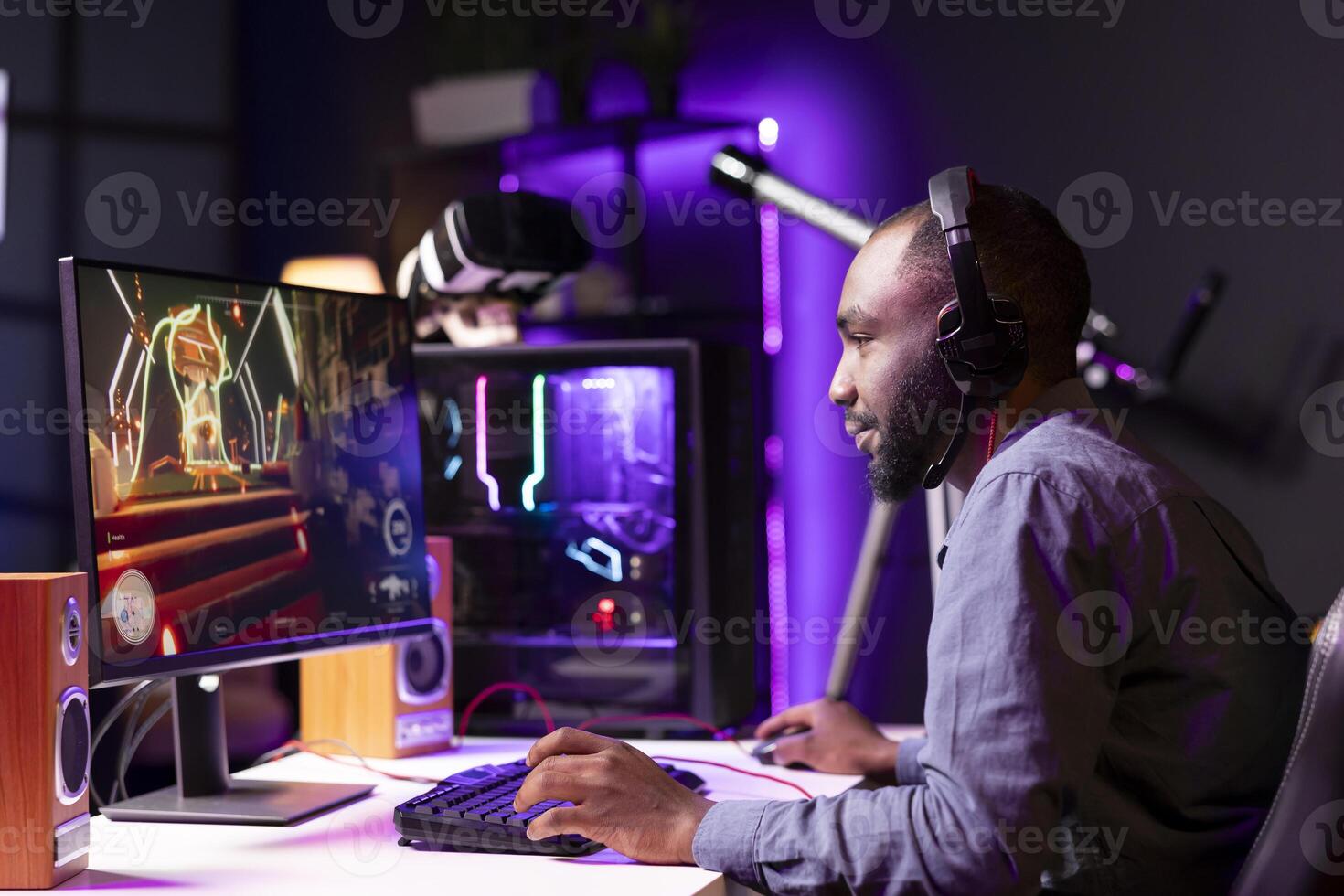 Man Playing Science Fiction Fps Videogame Having Fun In Dark Apartment