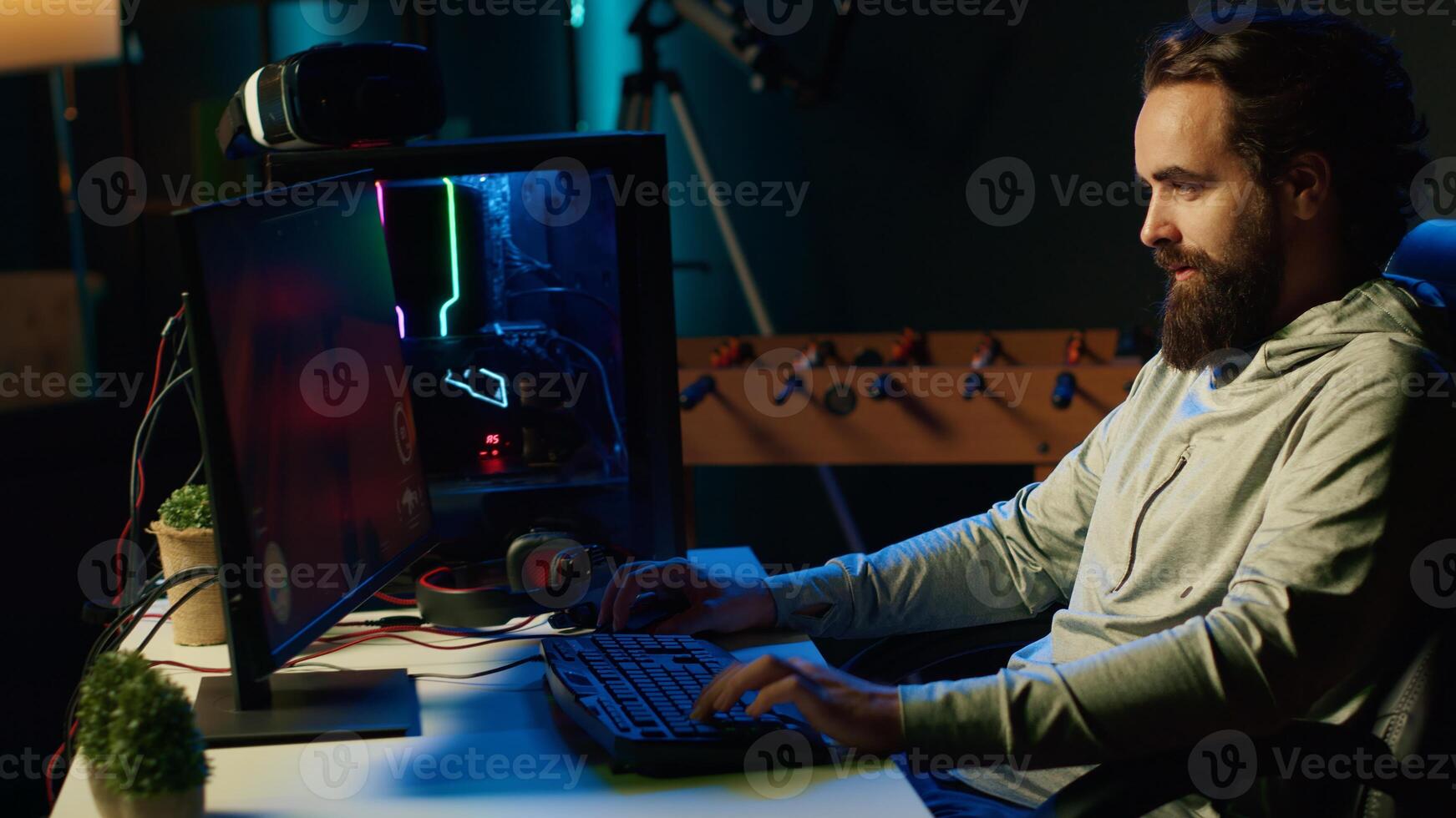 Man Playing Science Fiction Fps Videogame Having Fun In Dark Apartment