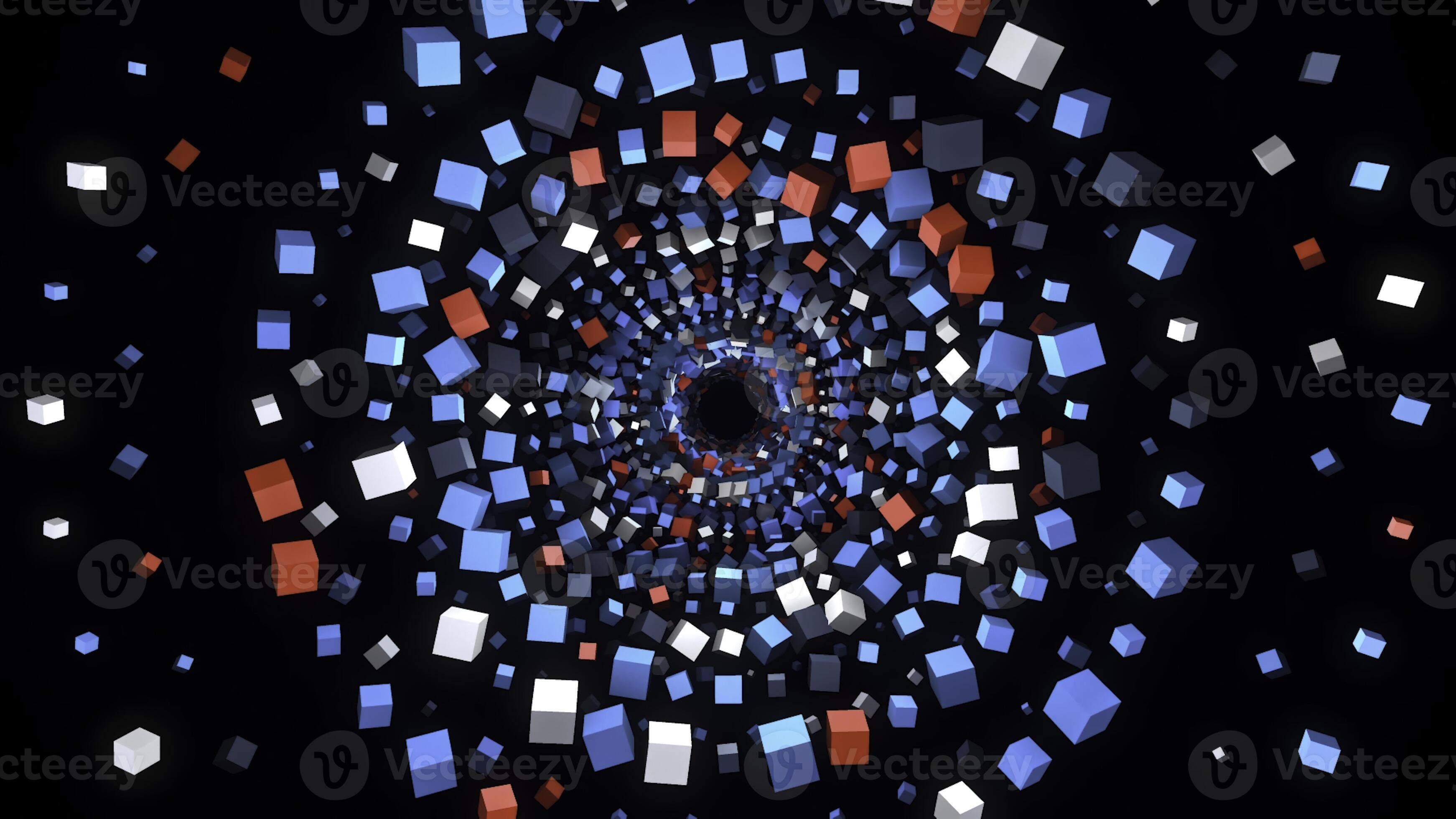 Tunnel of 3D colored squares on black background. Animation. Beautiful hypnotic tunnel of ...