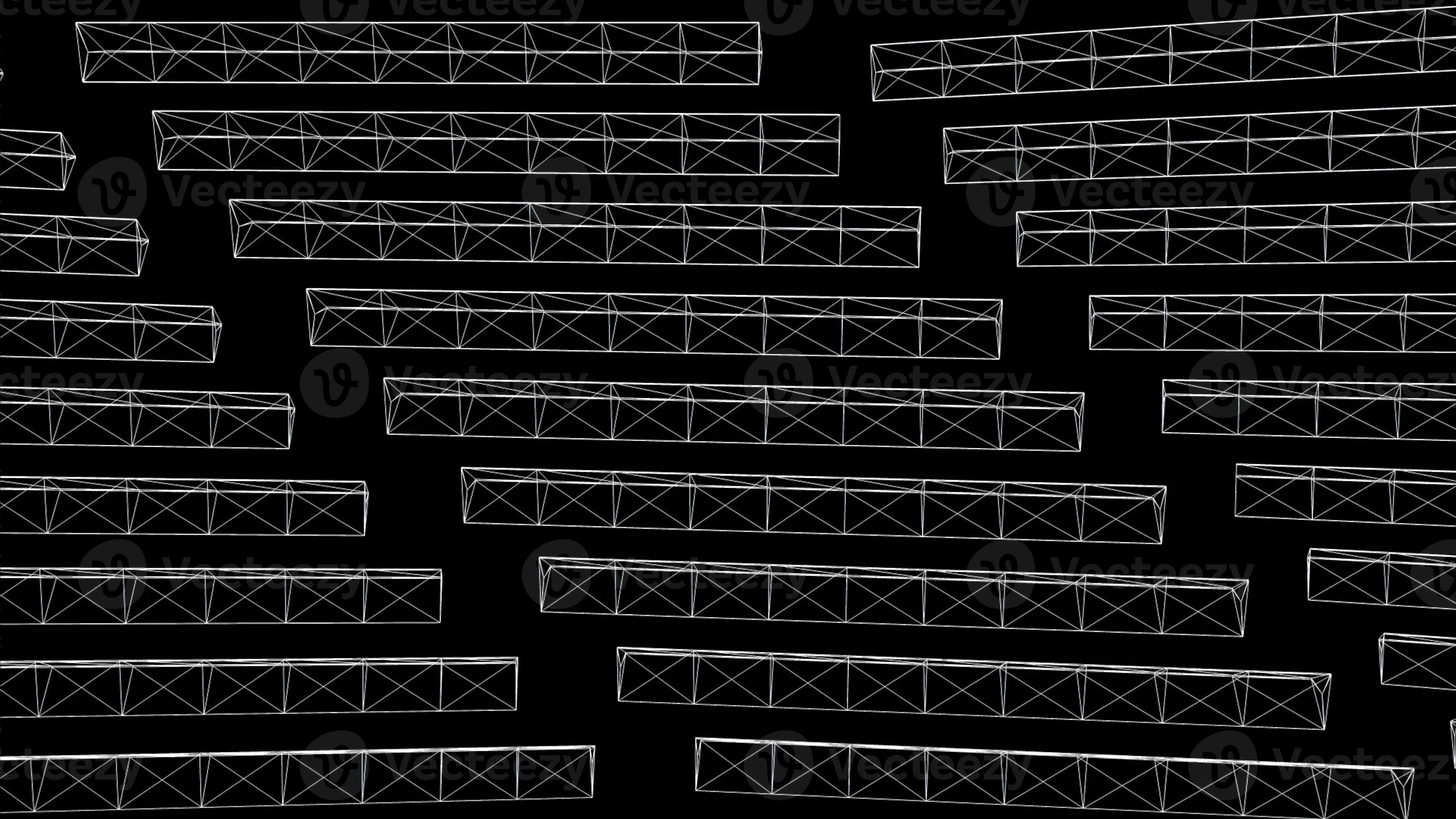 Abstract white triangle shapes on black background. Animation. Rotating 3D elongated ...