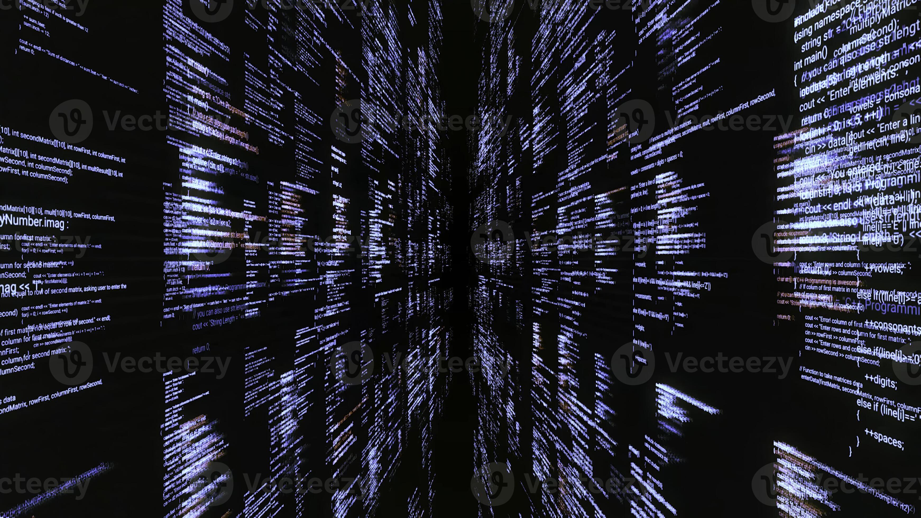 Source codes in cyberspace on black background. Animation. Dive into cyberspace with walls of ...
