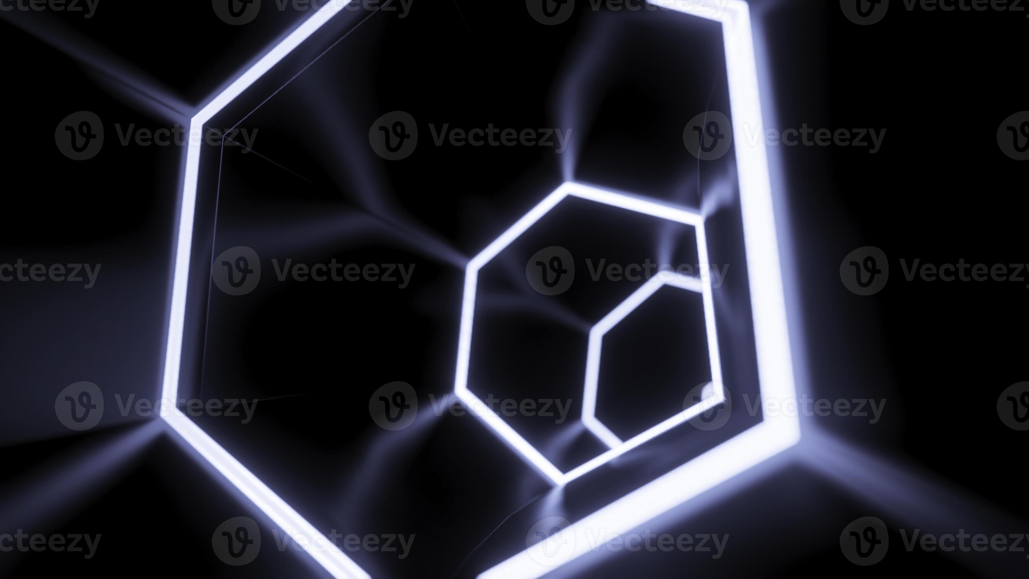 Rotating cyber tunnel with neon hexagonal lines. Design. Moving dark tunnel with reflection of ...