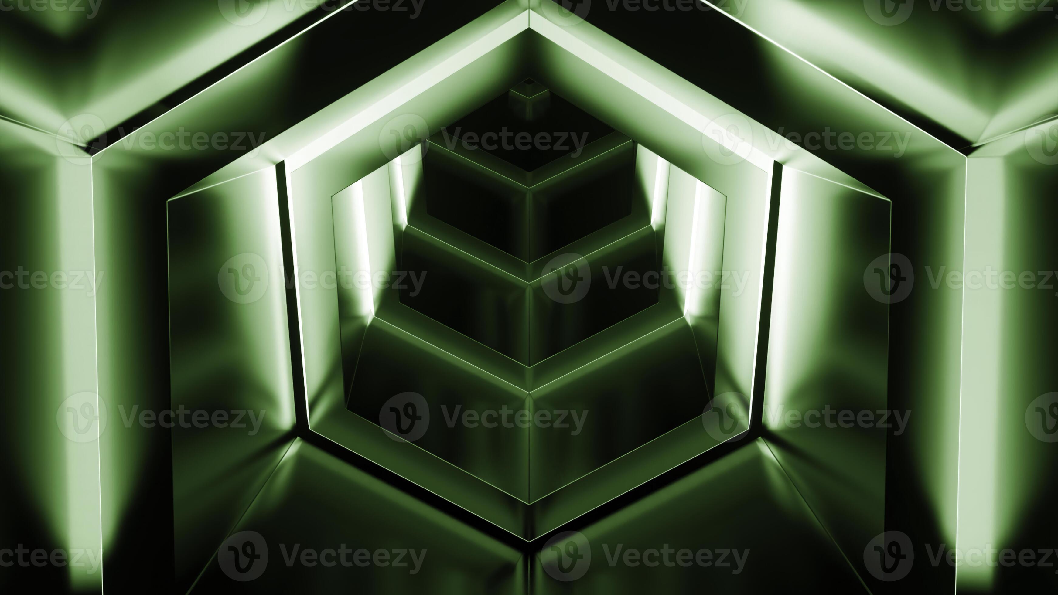 Exiting cyber tunnel. Design. Hexagonal 3D tunnel with neon lines and metal surface. Reverse ...