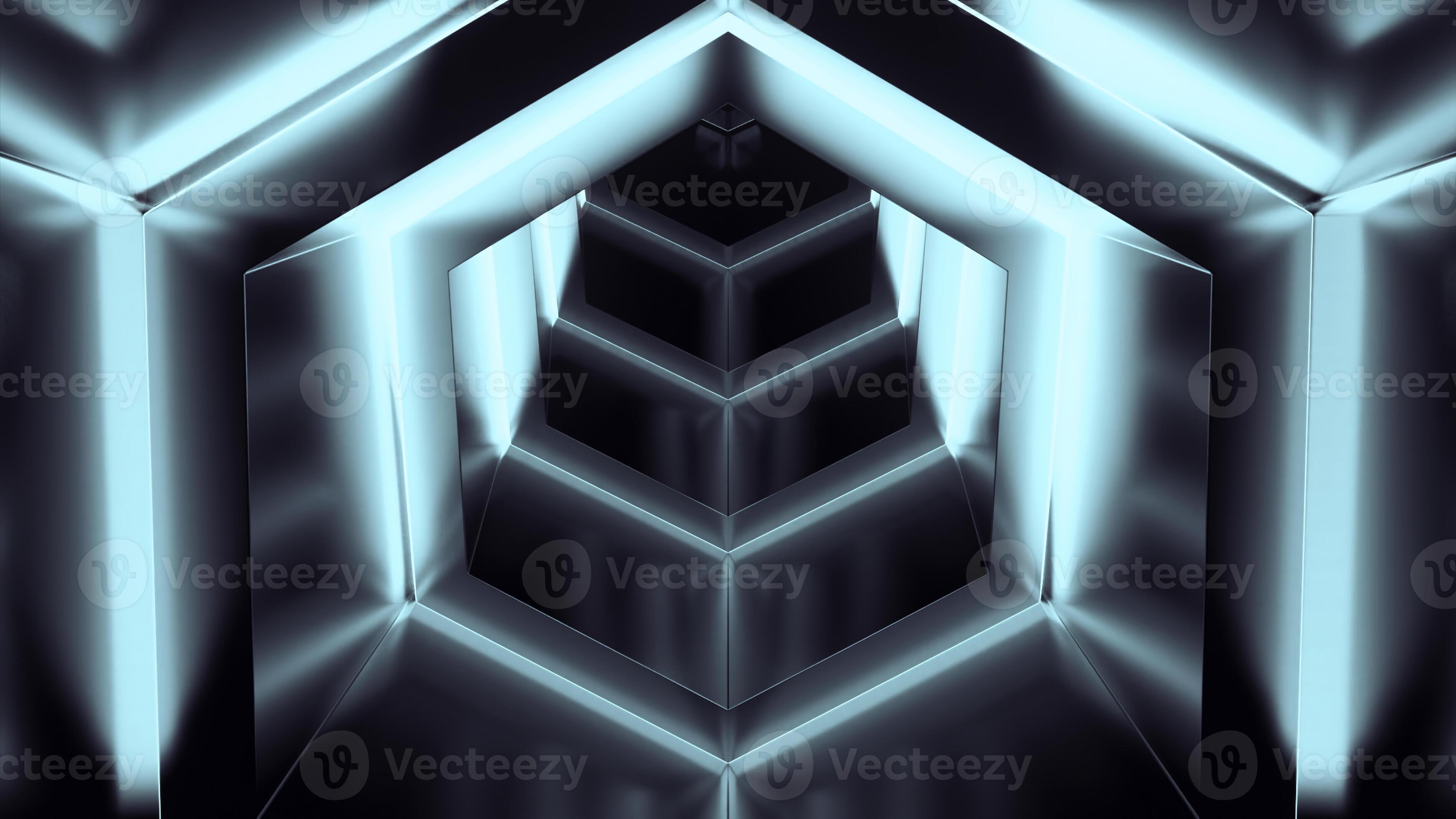 Exiting cyber tunnel. Design. Hexagonal 3D tunnel with neon lines and metal surface. Reverse ...