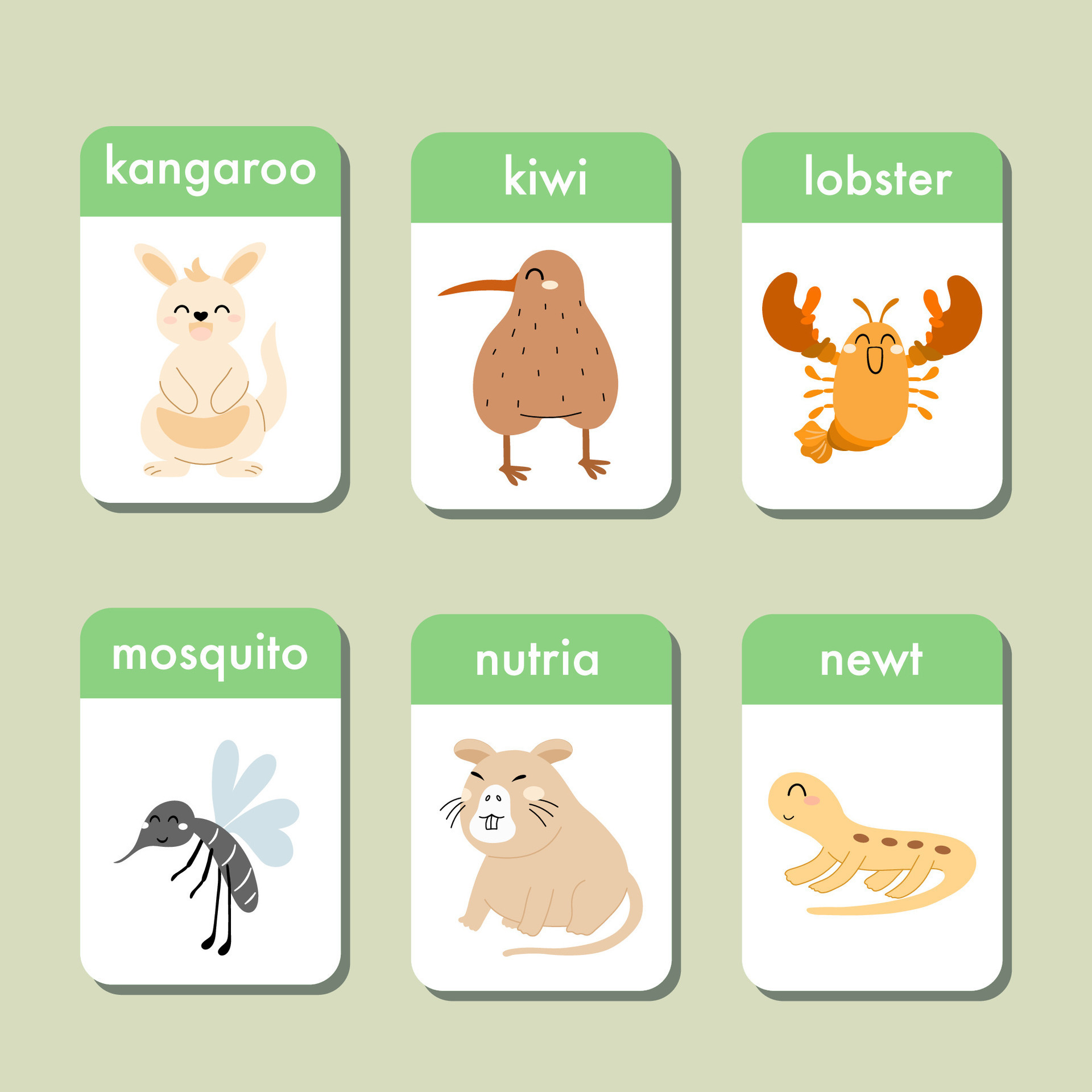 Animals flashcards collection for kids. Flash cards set with cute ...