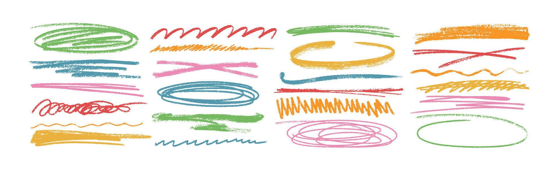 Colorful charcoal texture underline, squiggly lines, squiggles vector set. Pencil drawn stripes ...