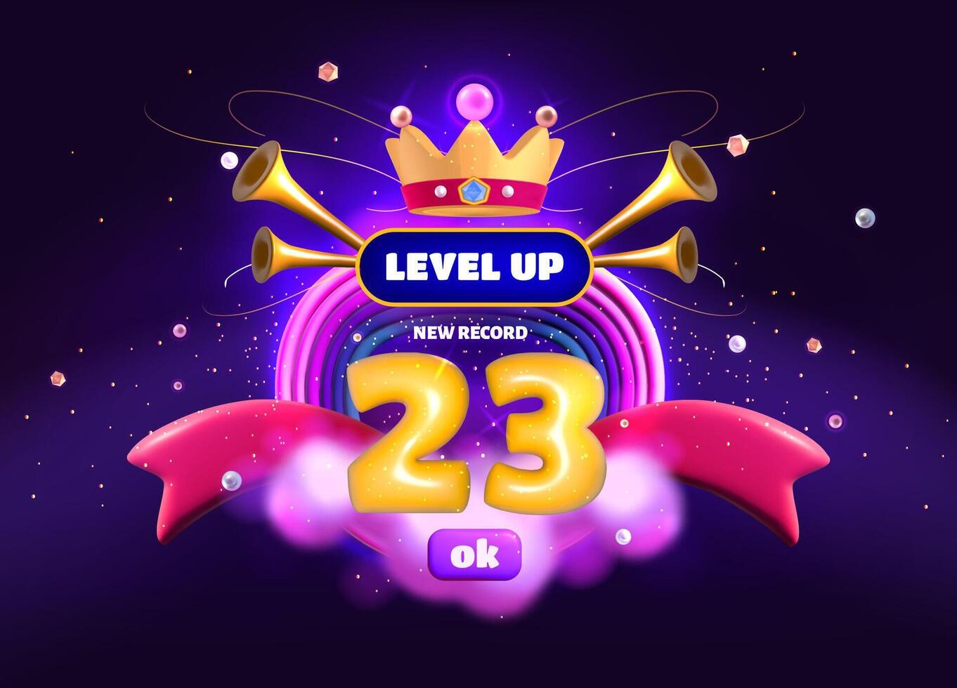 Level up game popup banner with crown, ribbons and trumpets. Reward badge, gui interface label ...