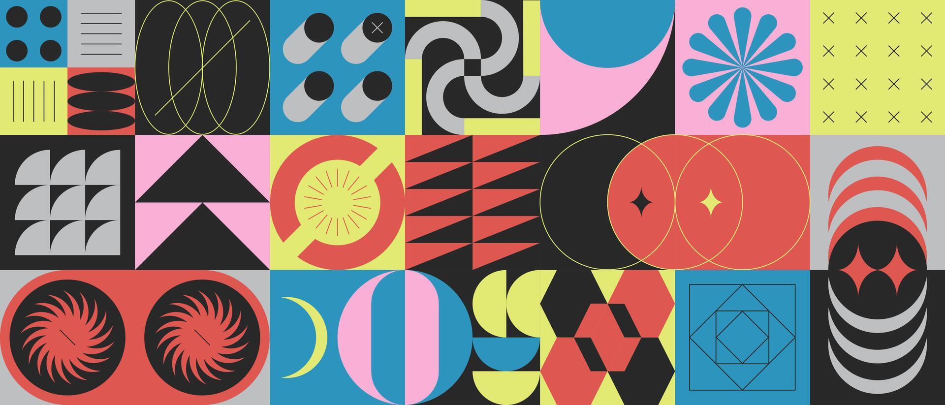Abstract pattern design with geometric brutalism shapes or brutal contemporary figures. Retro ...