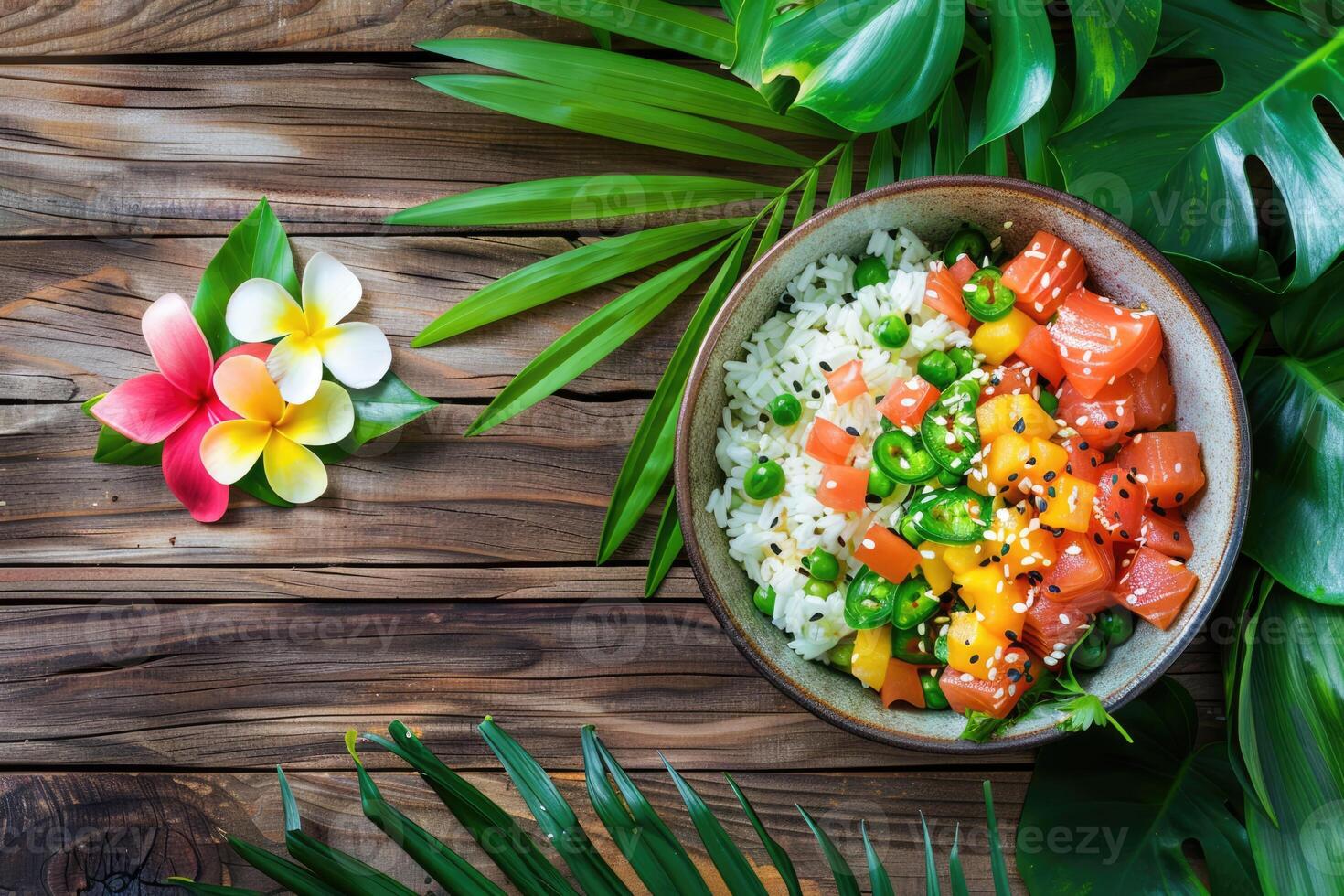 AI generated Hawaiian poke, fish, rice, vegetables, tropical leaves, flowers, space for text ...