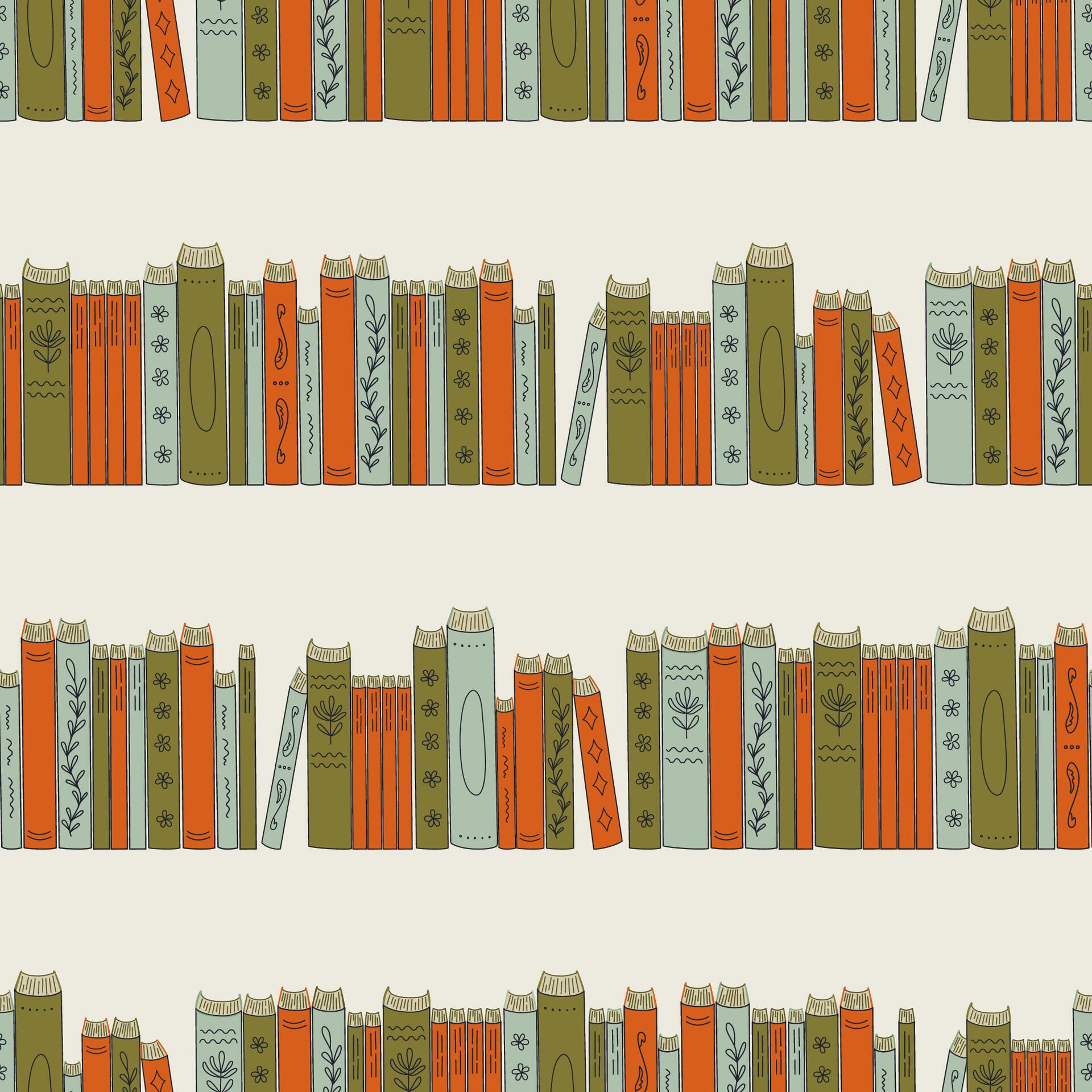 Seamless pattern with vintage novel and fairy tales books on bookshelves. Retro colors standing ...