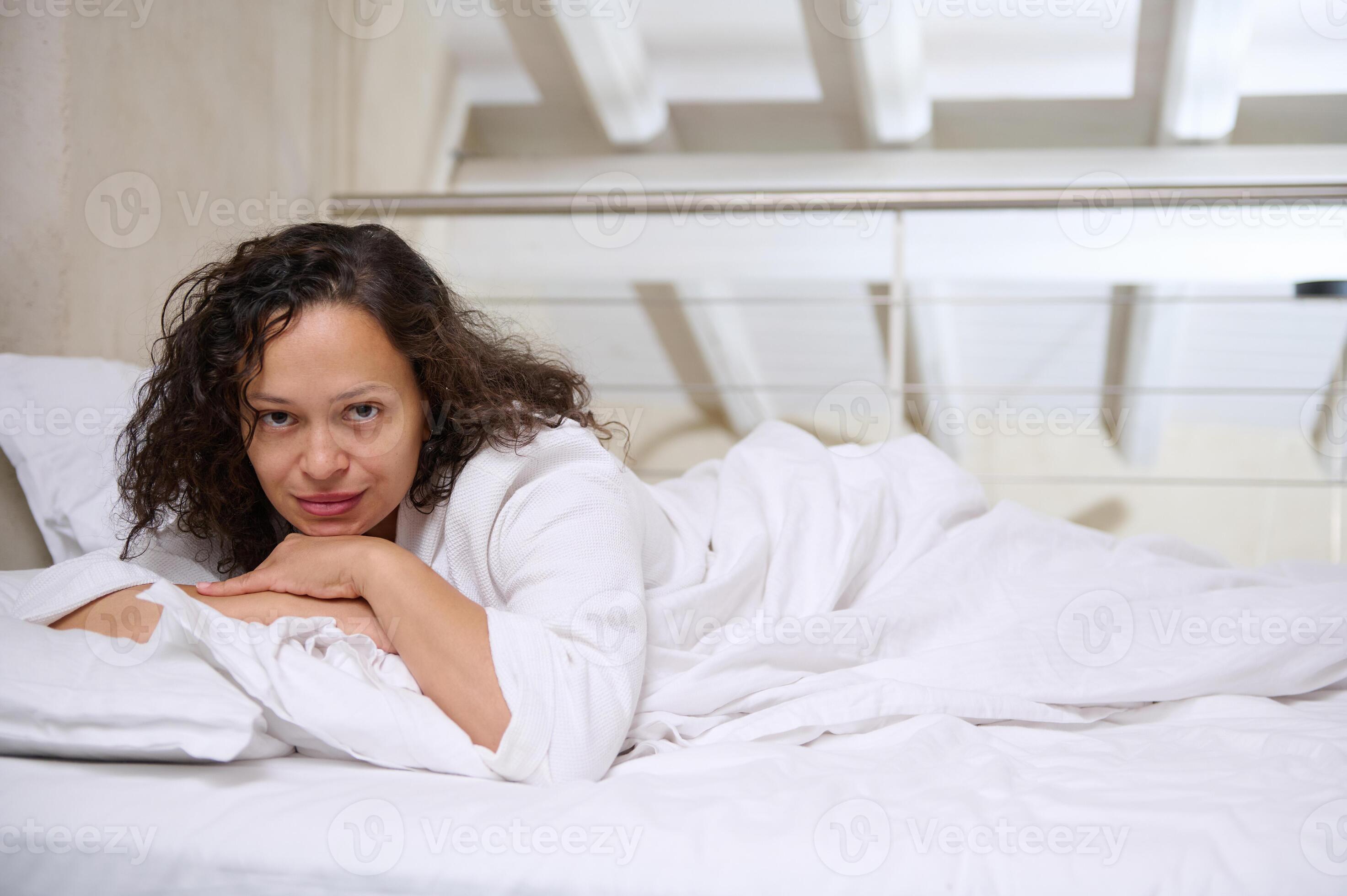 Delightful Attractive Pretty Woman In White Waffle Bathrobe Relaxing