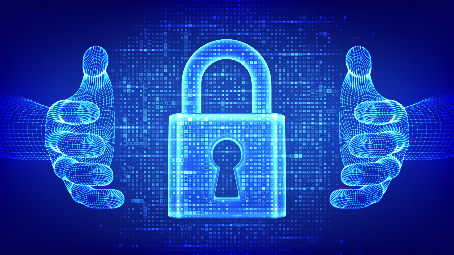 Lock Cyber Security Padlock With Keyhole Icon Made With Binary Code In Wireframe Hands