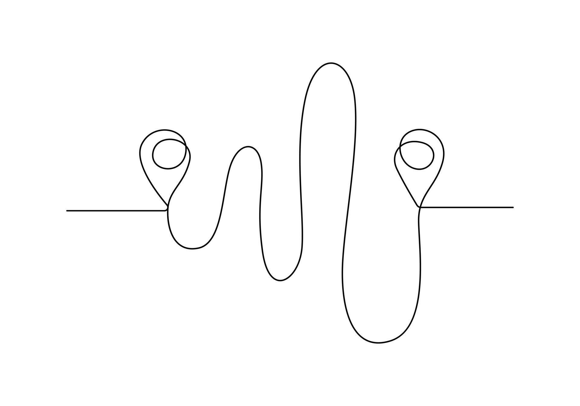 One continuous line drawing of path and location pointers simple pins on way between two points ...
