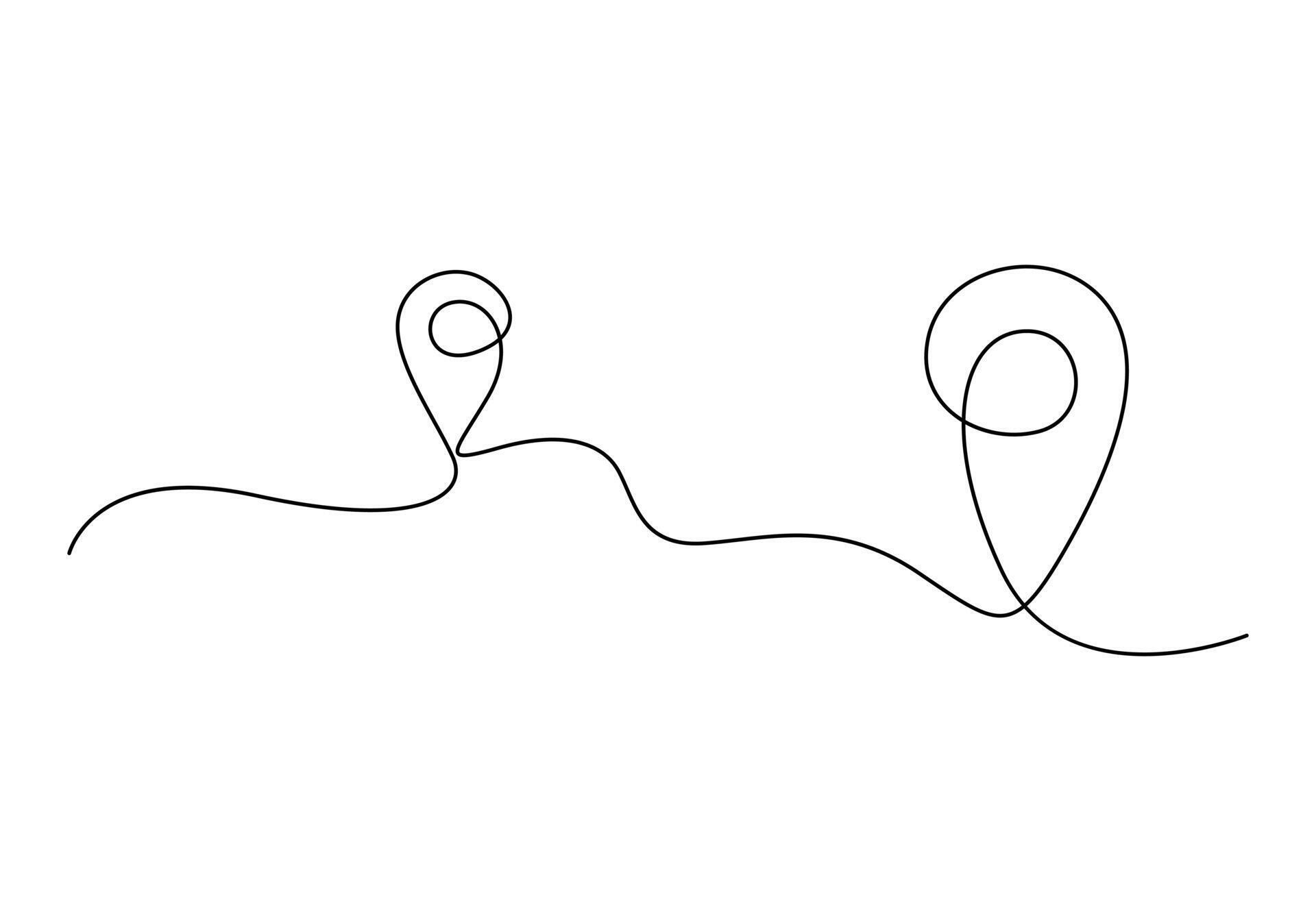 One continuous line drawing of path and location pointers simple pins on way between two points ...