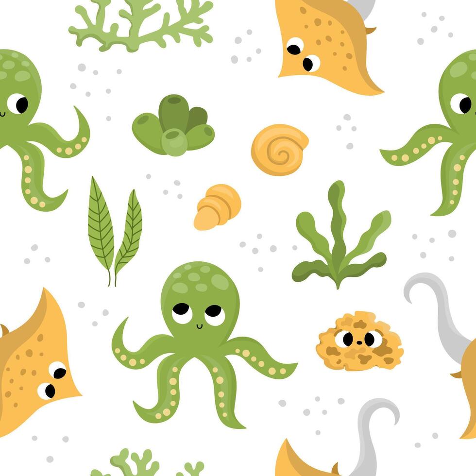 Vector Under The Sea Seamless Pattern Repeat Background With Stingray Octopus Shells Ocean