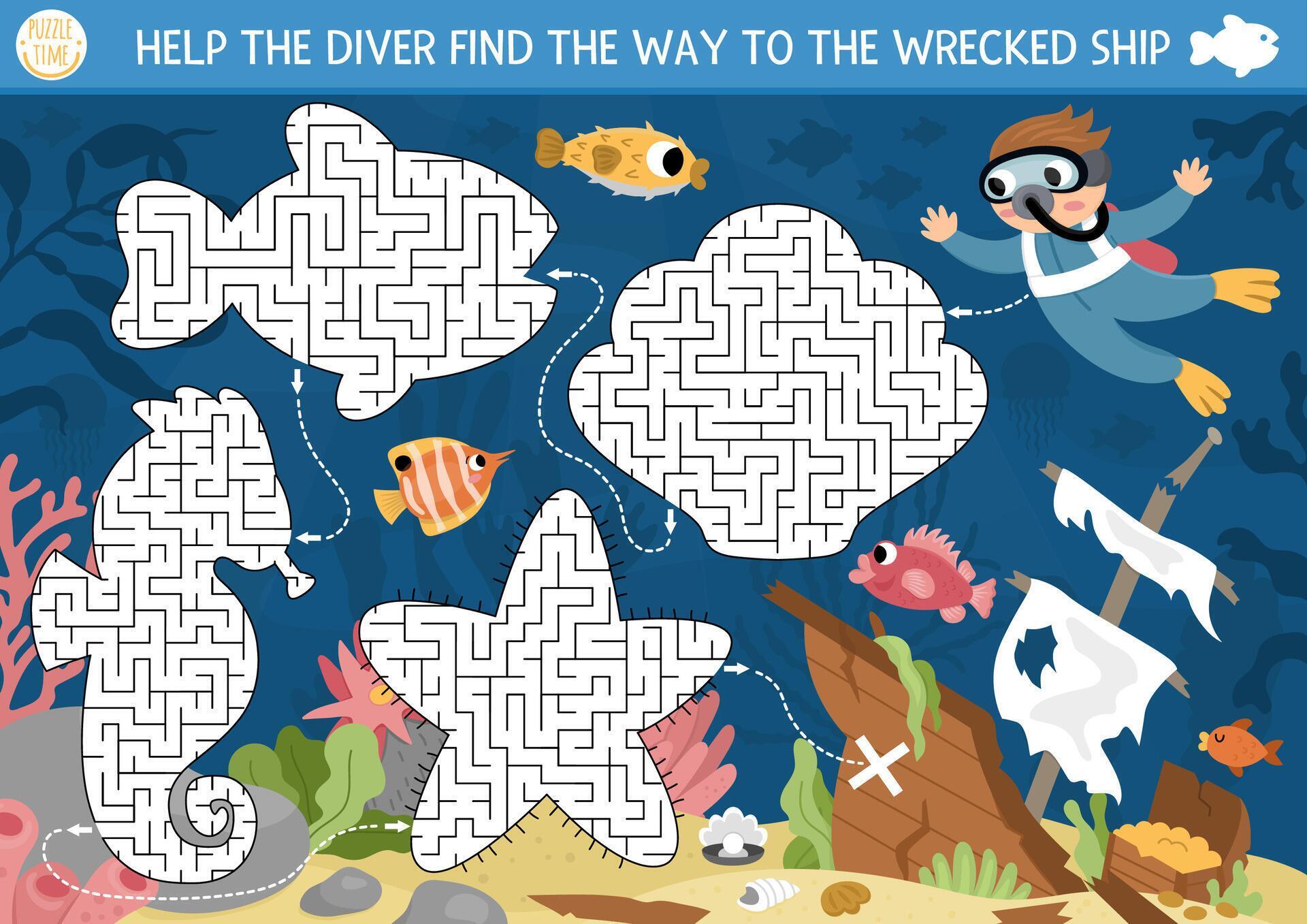 Under the sea maze for kids geometrical sea horse, fish, seashell, star ...