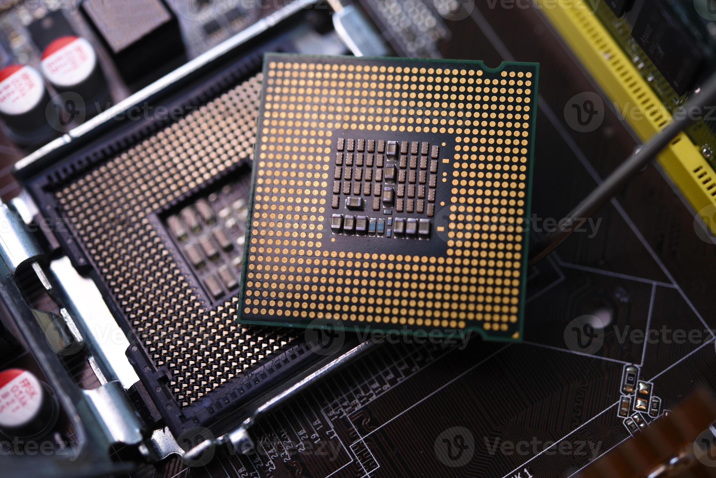 Microprocessor and socket on the motherboard. Computer radio components ...