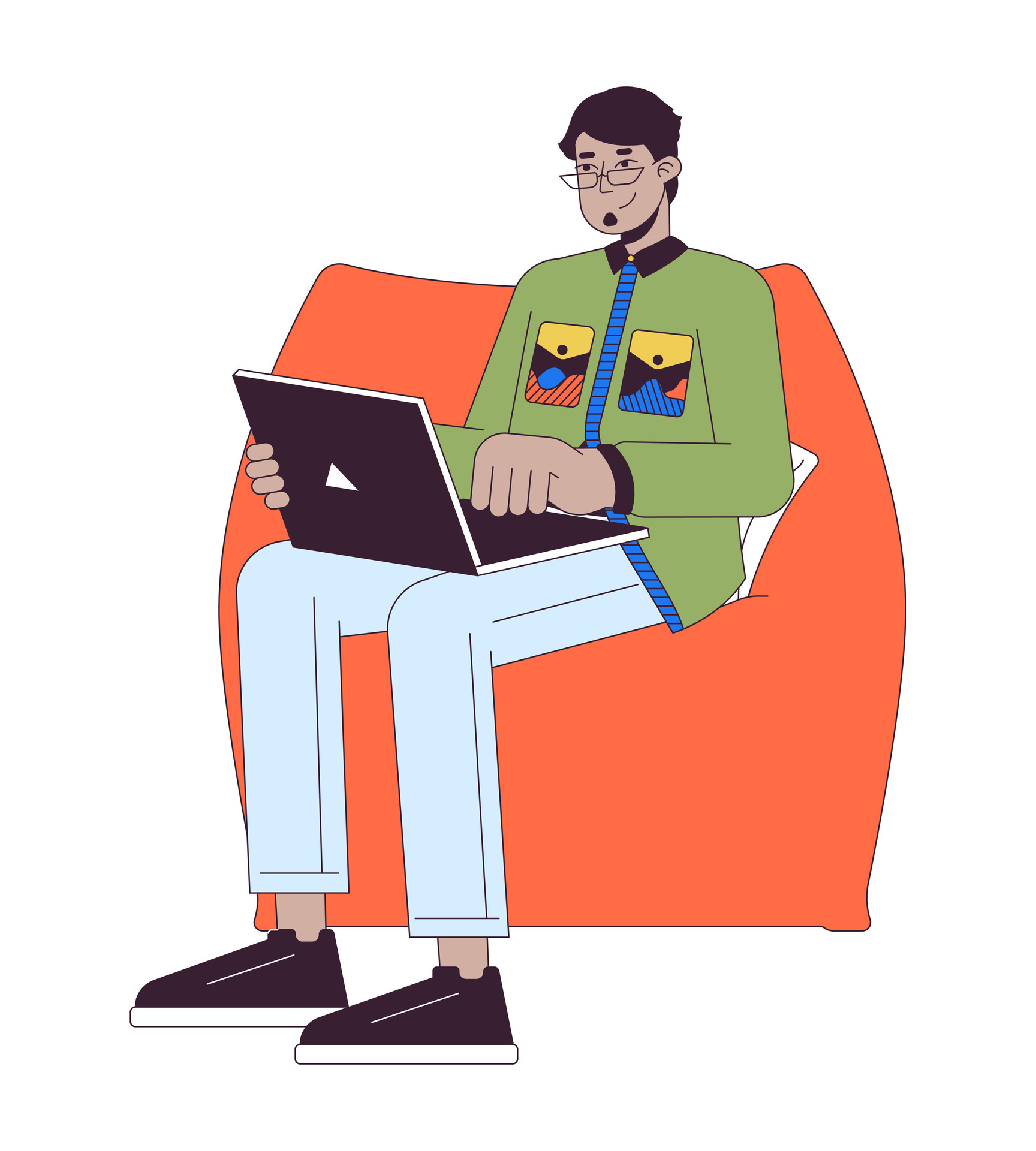 Arab Male With Laptop Sitting In Beanbag Chair 2d Linear Cartoon Character Man Working On