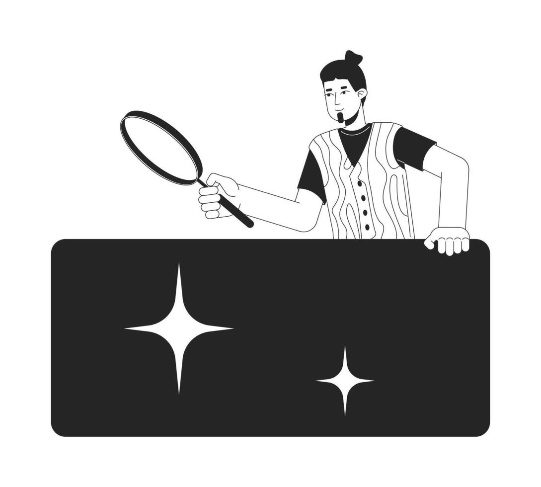 Male Analyst Researching Data Block Black And White 2d Line Cartoon Character Bearded Man Using