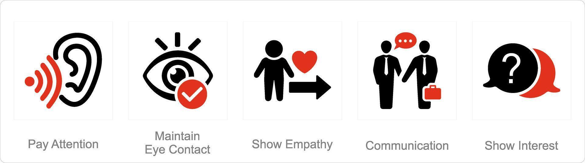 A set of 5 active listening icons as pay attention, maintain eye contact, show empathy 42402021 ...