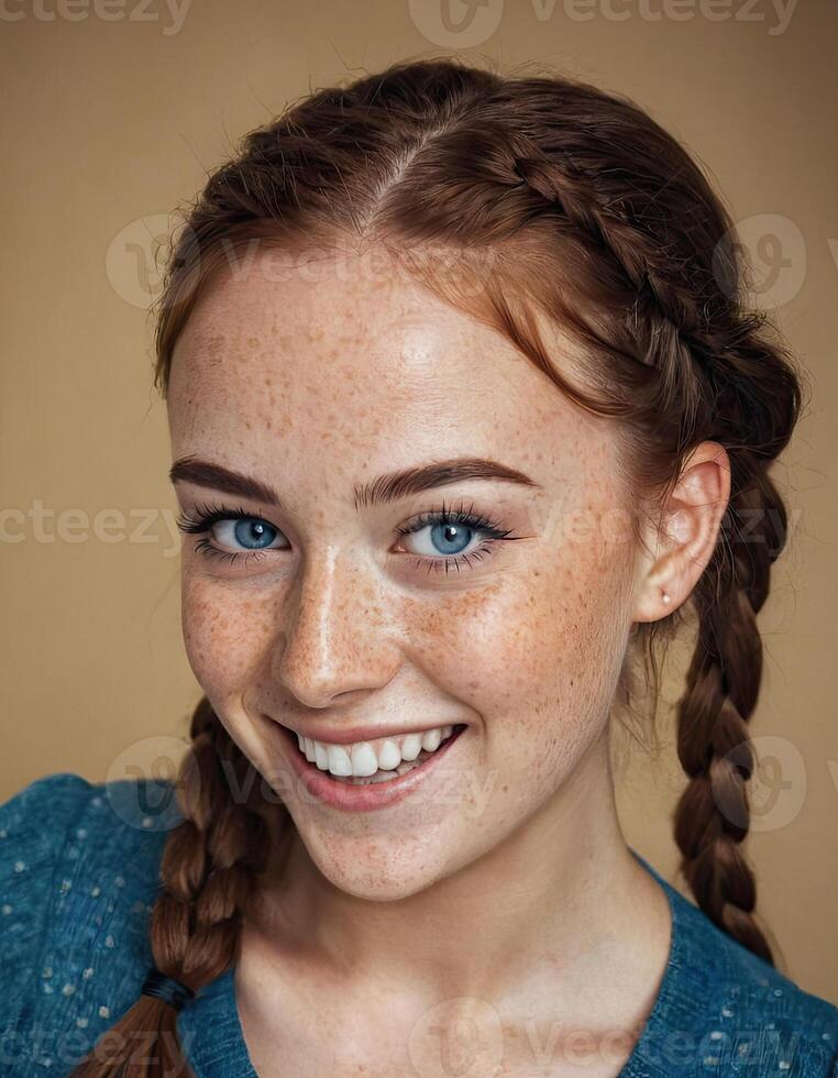 Ai Generated Redhead Woman Portrait Happy Smiling Lady With Freckles