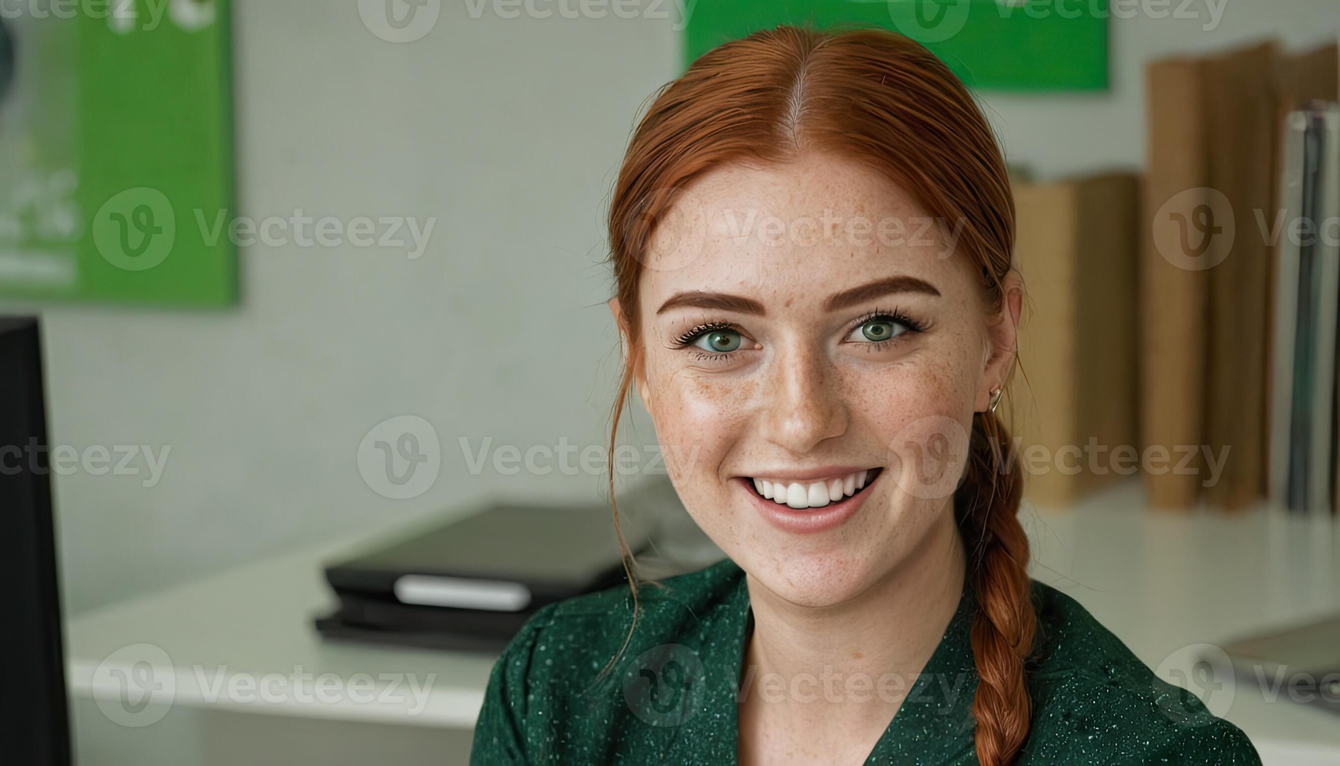 Ai Generated Redhead Woman Office Portrait Happy Smiling Lady With