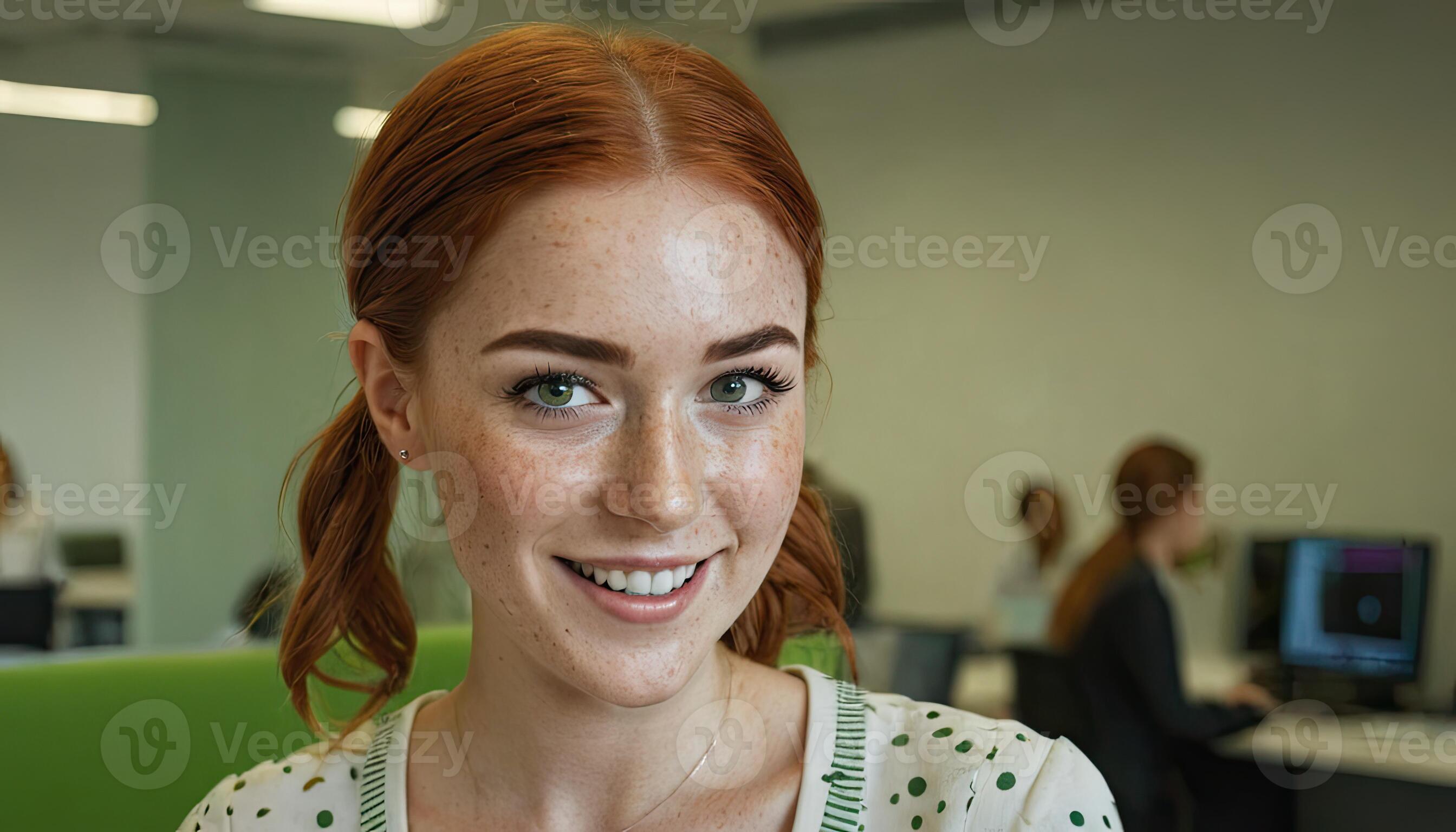 Ai Generated Redhead Woman Office Portrait Happy Smiling Lady With