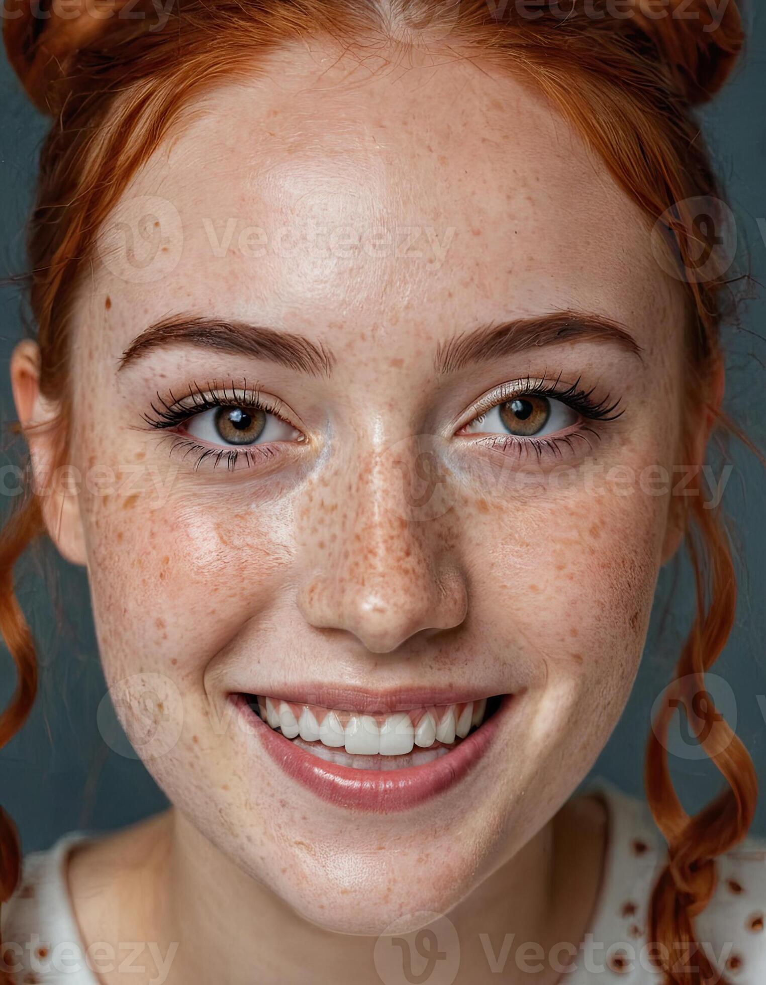 Ai Generated Redhead Woman Portrait Happy Smiling Lady With Freckles