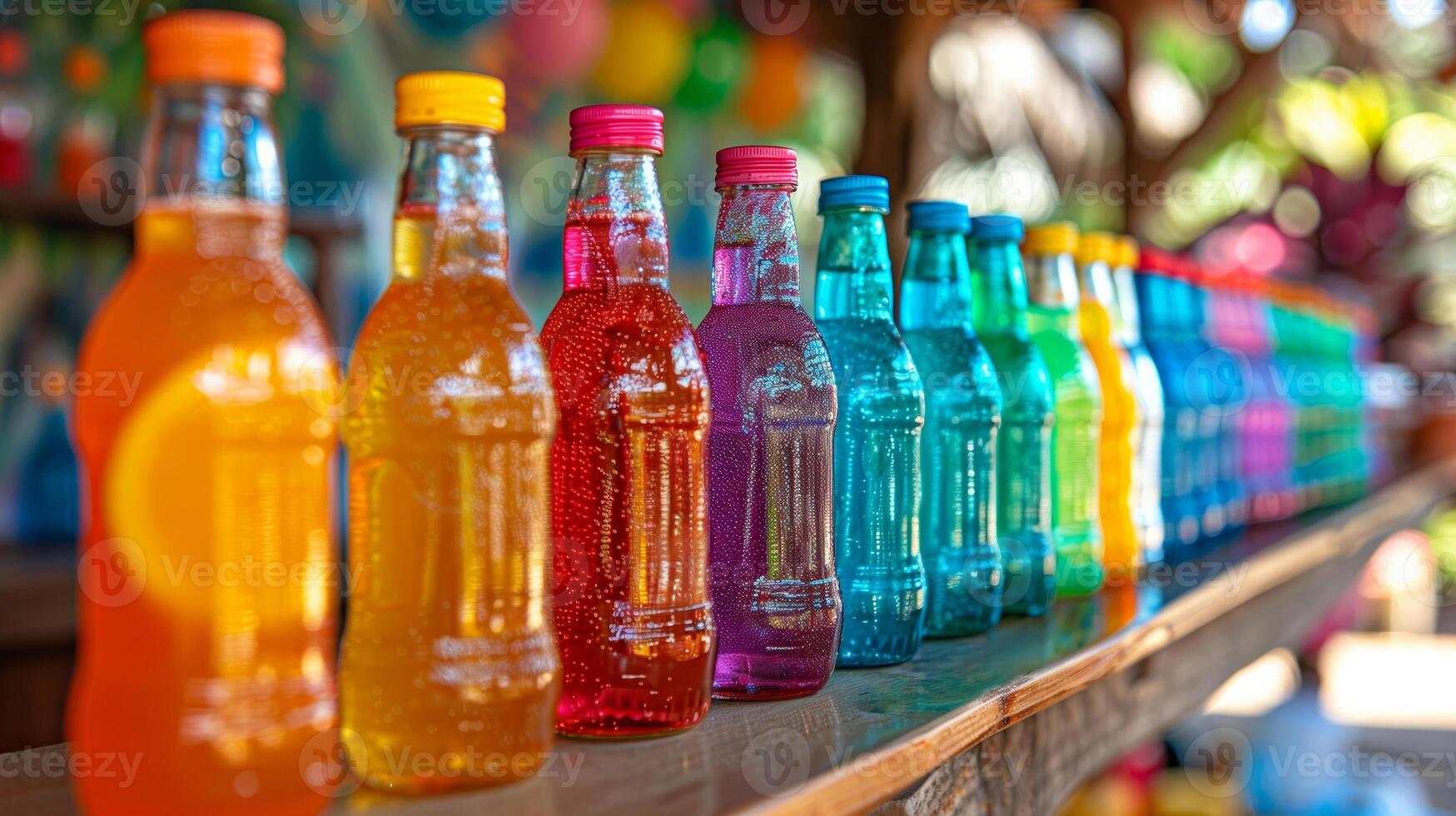 AI generated Colorful bottles of cold refreshing summer drinks lined up on a wooden bar with a ...