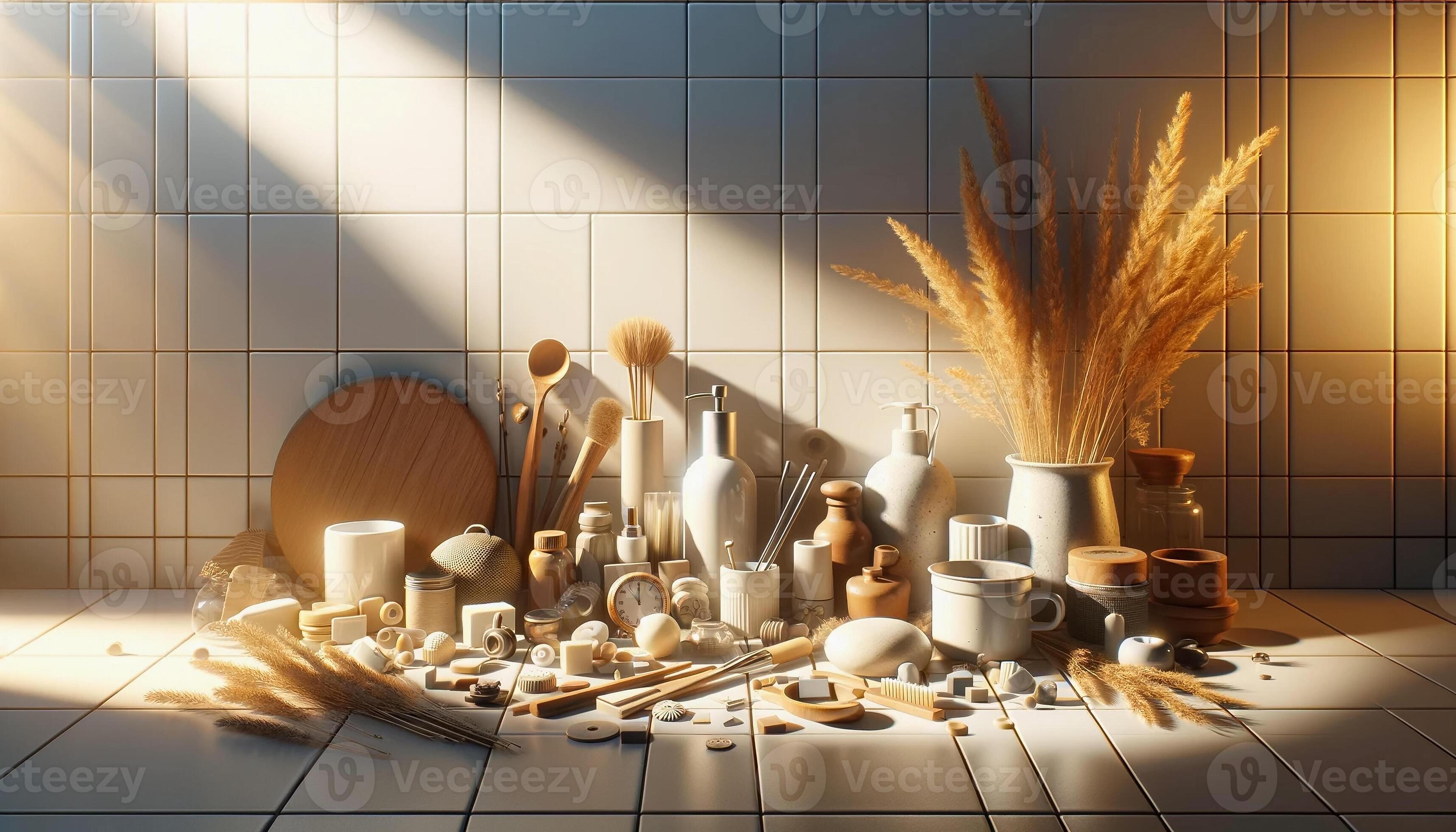 AI Generated various objects arranged on a white tile background ...