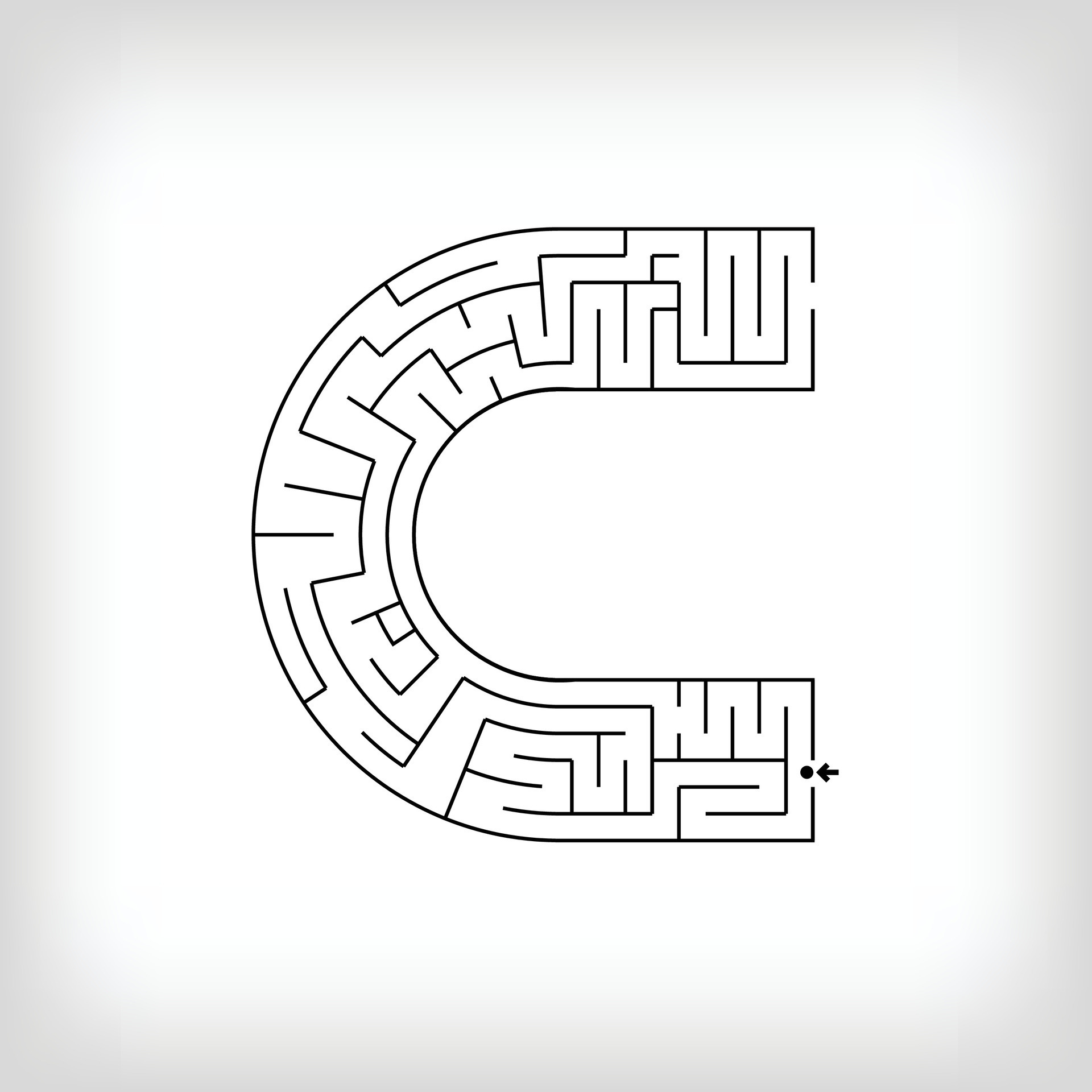 Unique linear letter C maze puzzle. Confusing game and educational ...