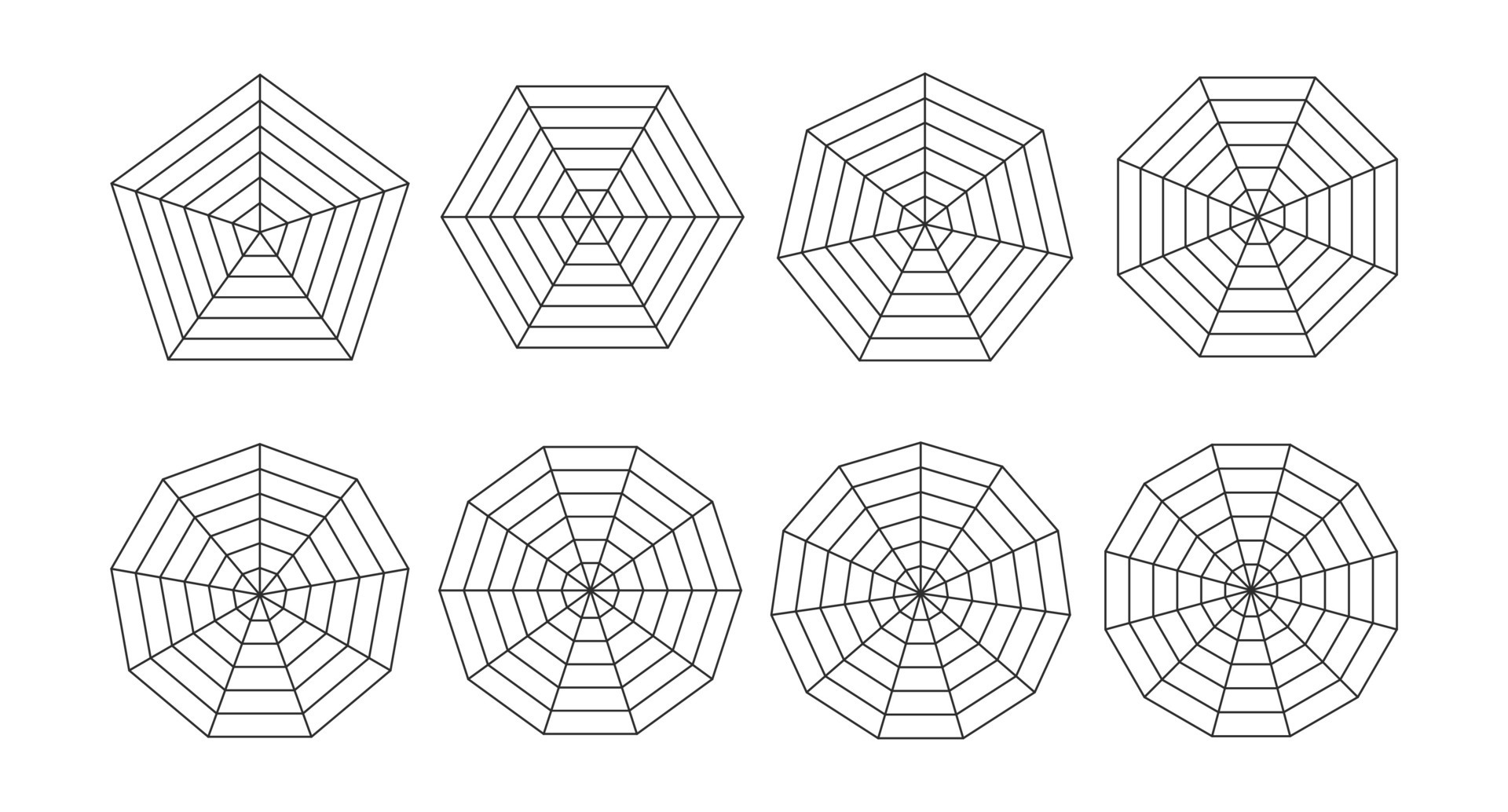 Set Of Black Polar Grid Spider Radar Chart Diagram Pentagon Quadrilateral Hexagon Octagon