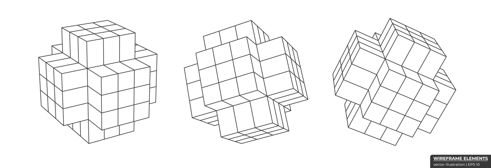 Set Of Wireframe Cube From Different Sides Collection Of Lowpoly 3d