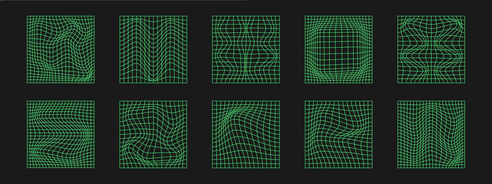 Set of distorted cyber grids. Cyberpunk geometry element y2k style. Isolated green mesh on black ...