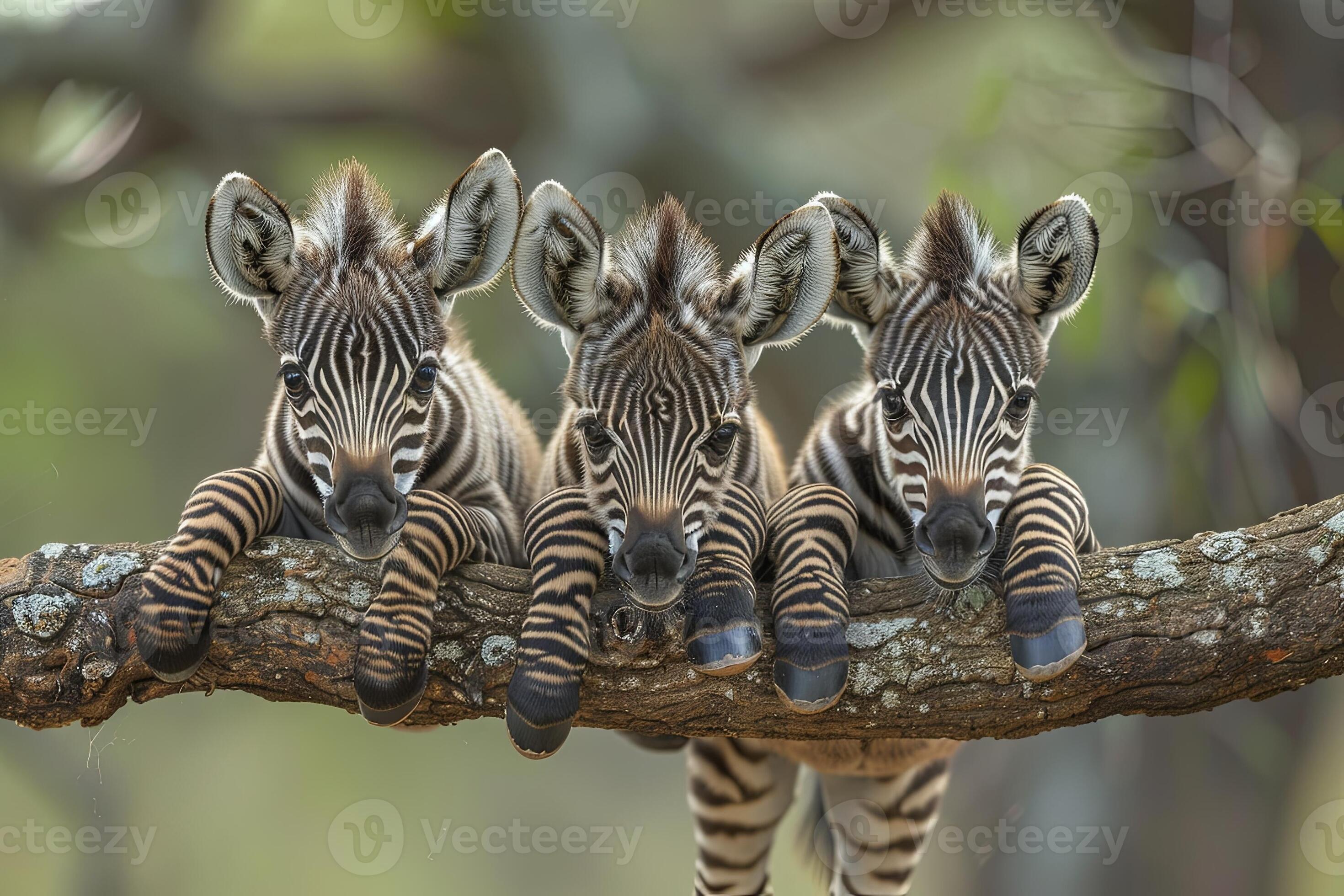 AI generated Zebra Baby group of animals hanging out on a branch, cute, smiling, adorable ...