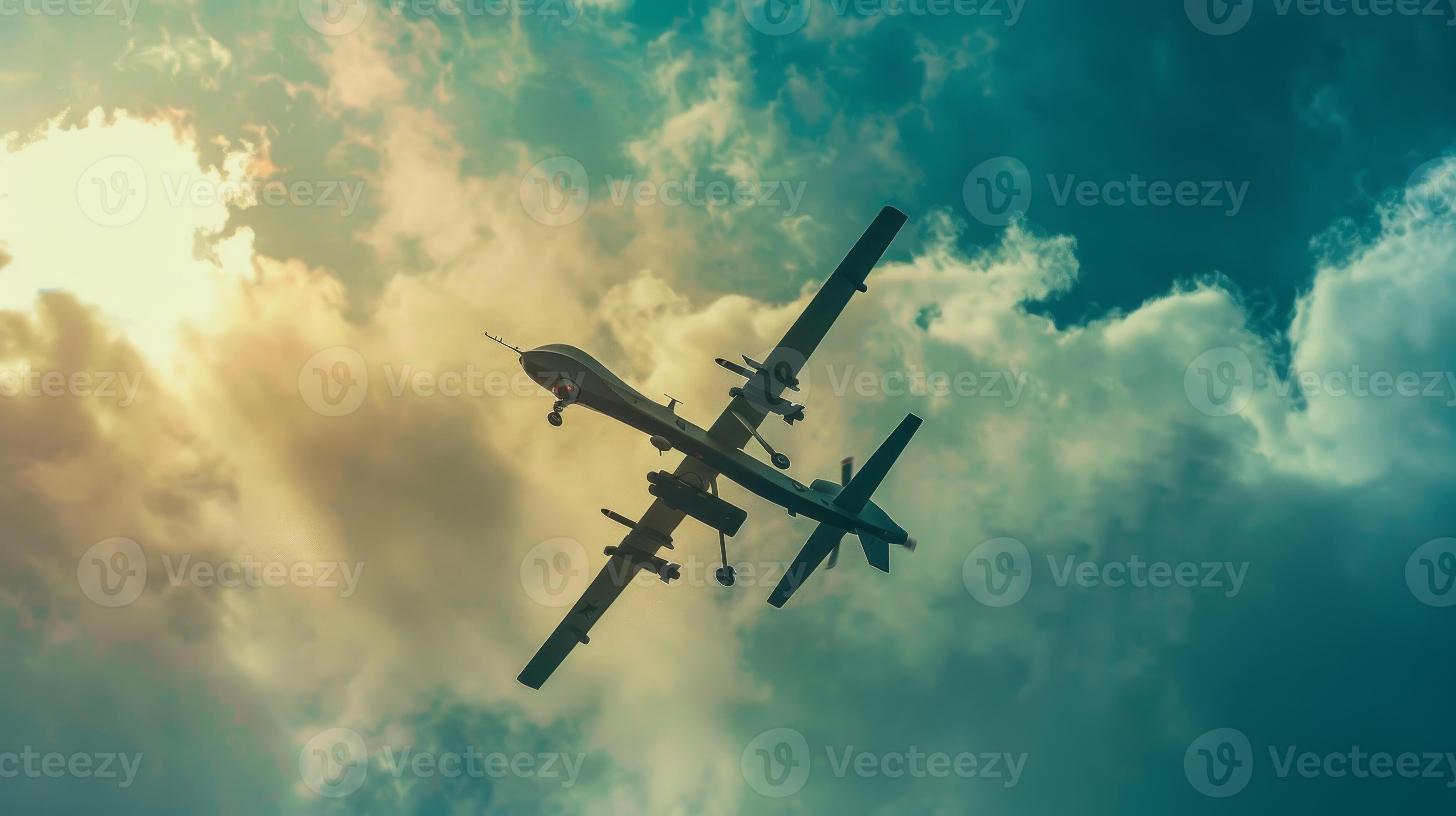 AI generated A military unmanned aerial vehicle UAV patrols flying over the clouds 42563134 ...